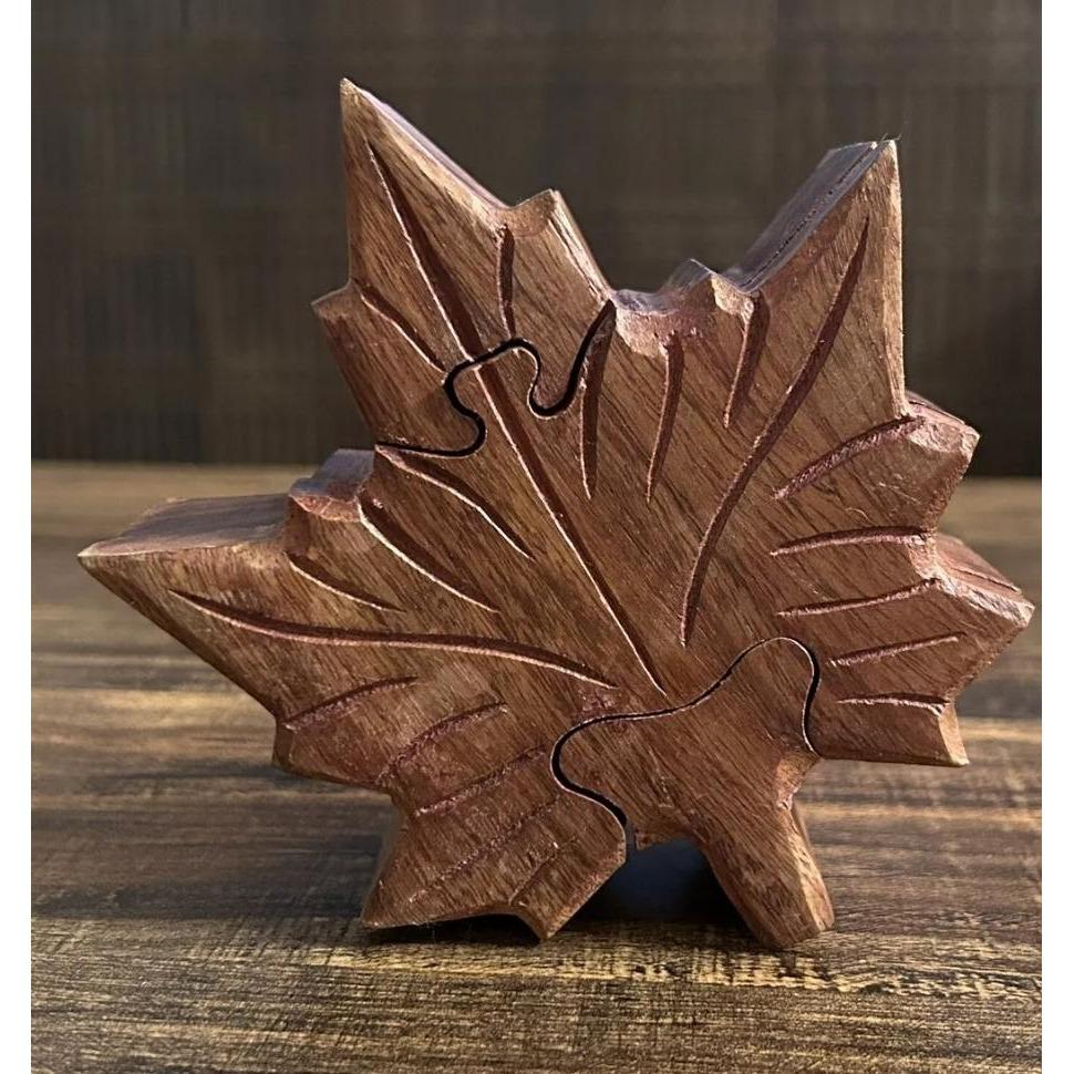 Wooden Hand Carved Puzzle Box Leaf Design Solid Wood