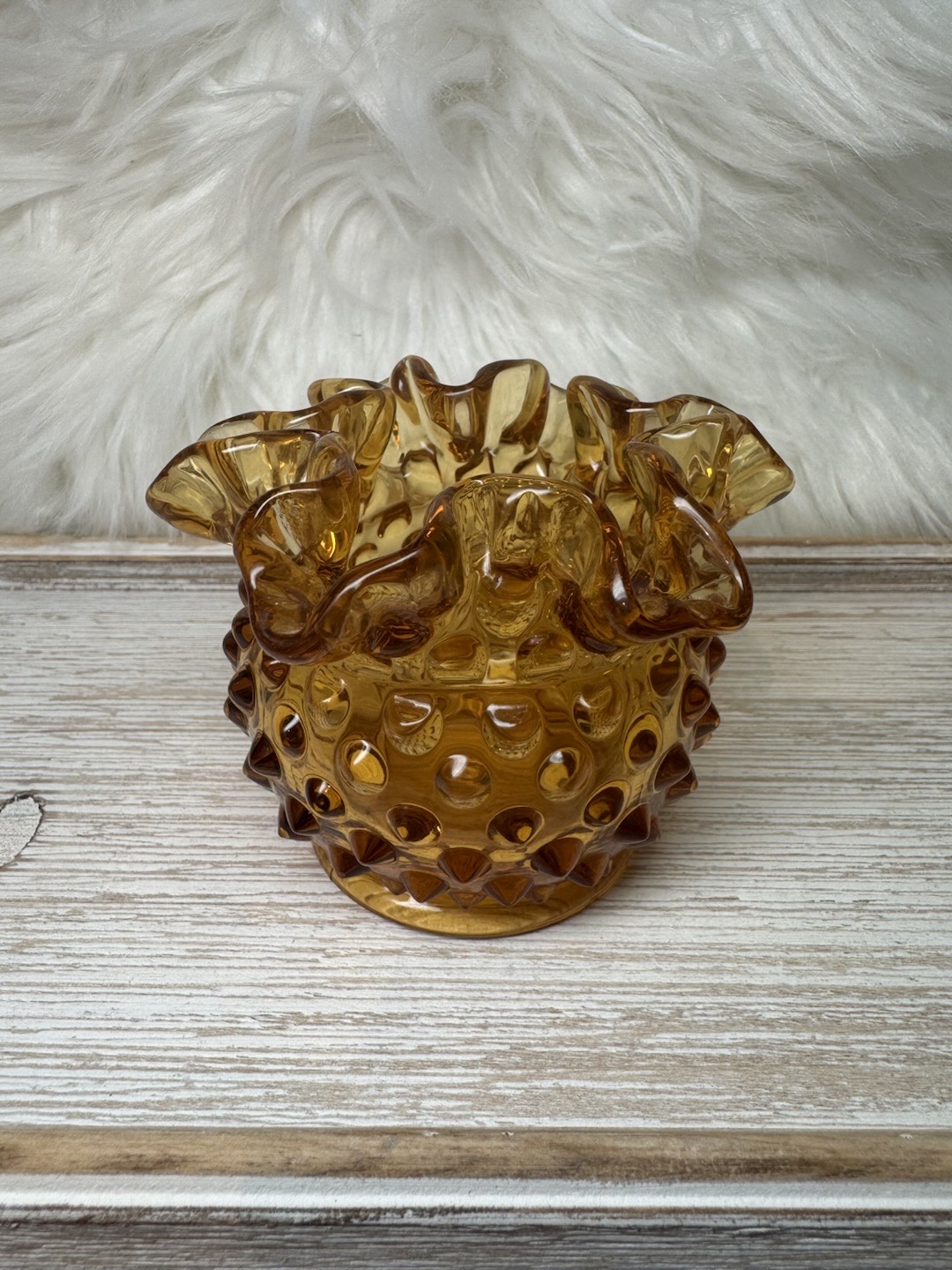 Small 3” Fenton Double Ruffled Edge Colonial Amber Glass Hobnail Vase ...