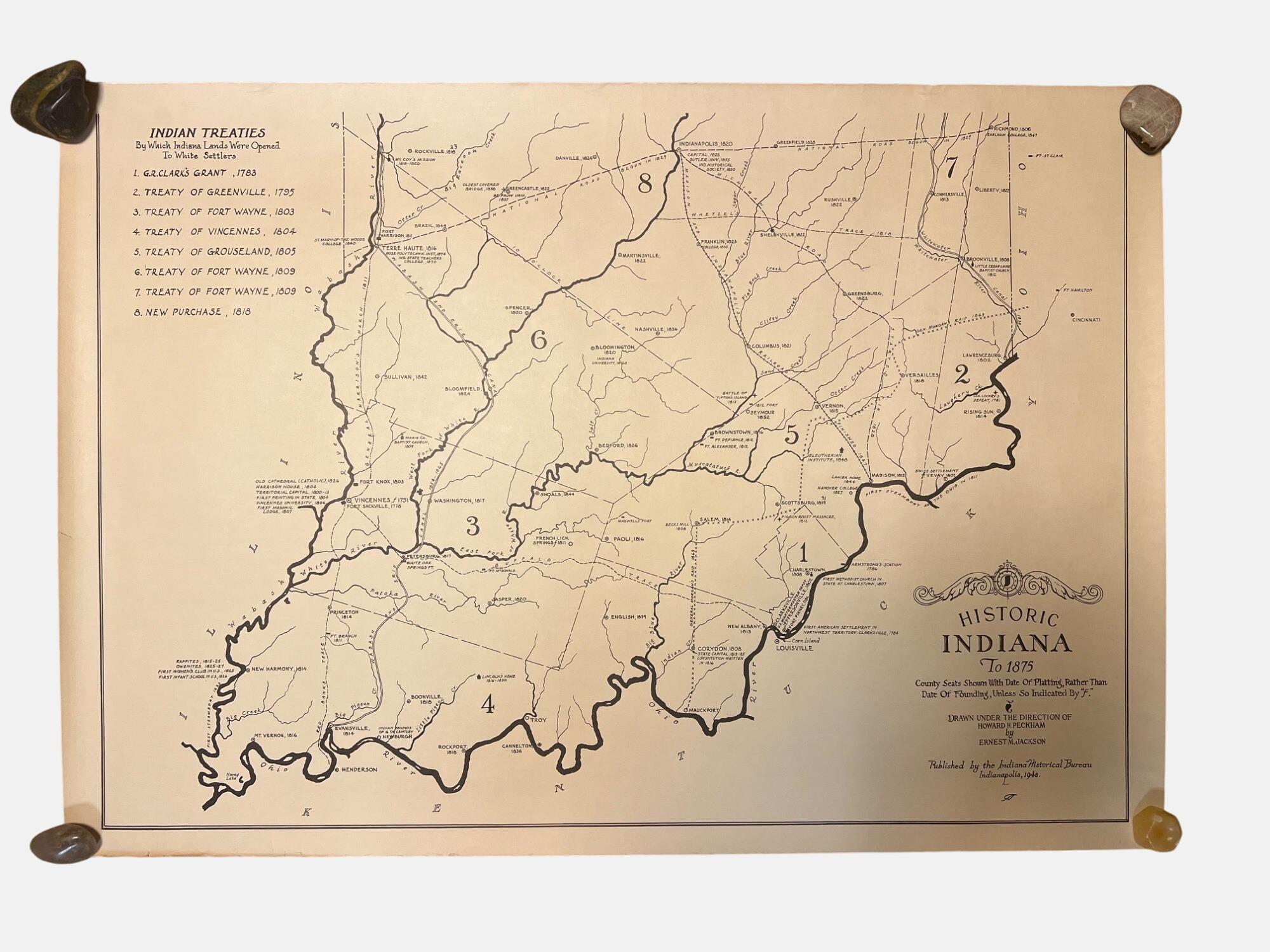 Historic Indiana Map To 1875 Published By Indiana Historical Bureau 1948