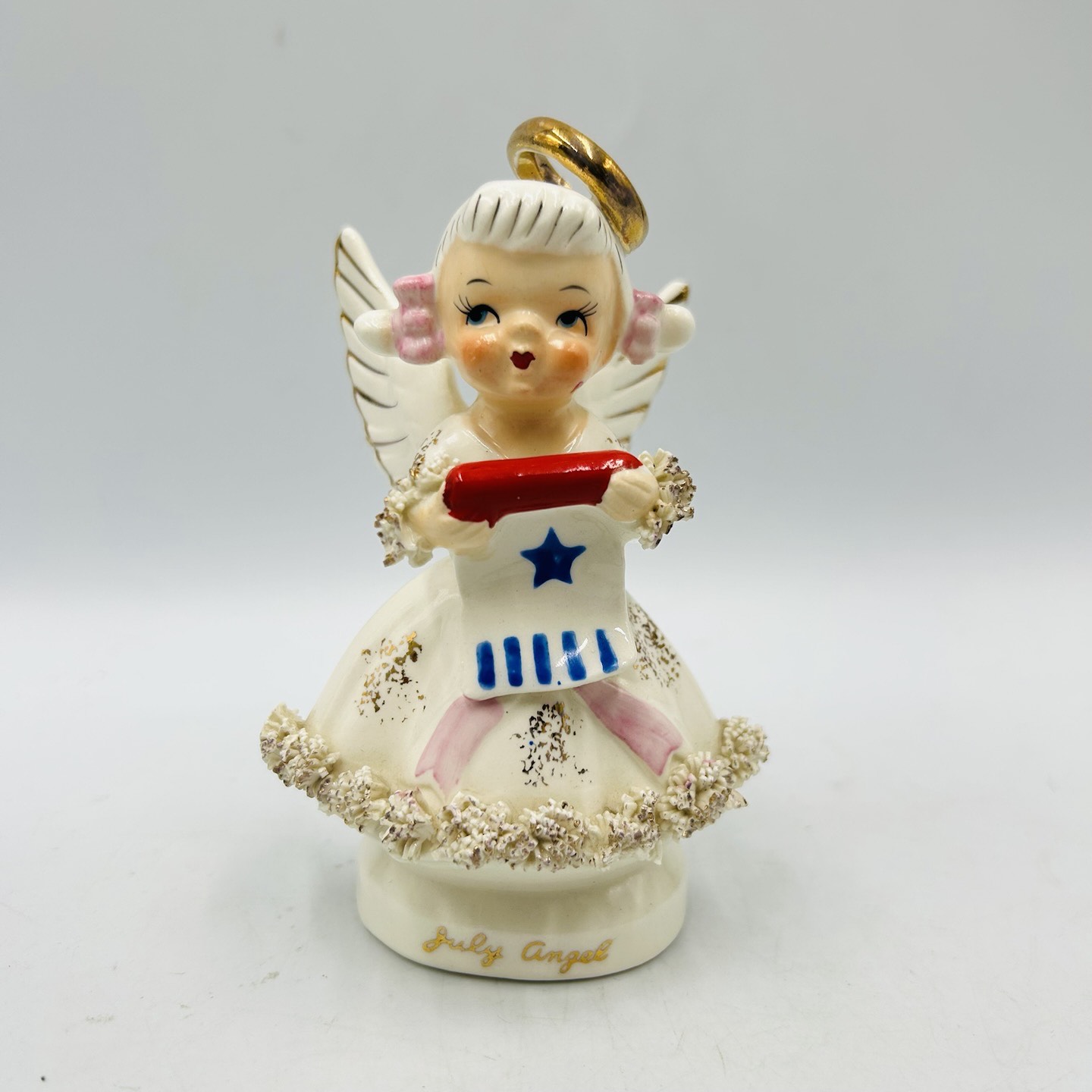 Vintage Lefton 4th Of July Birthday Angel With Spaghetti Trim AR1987