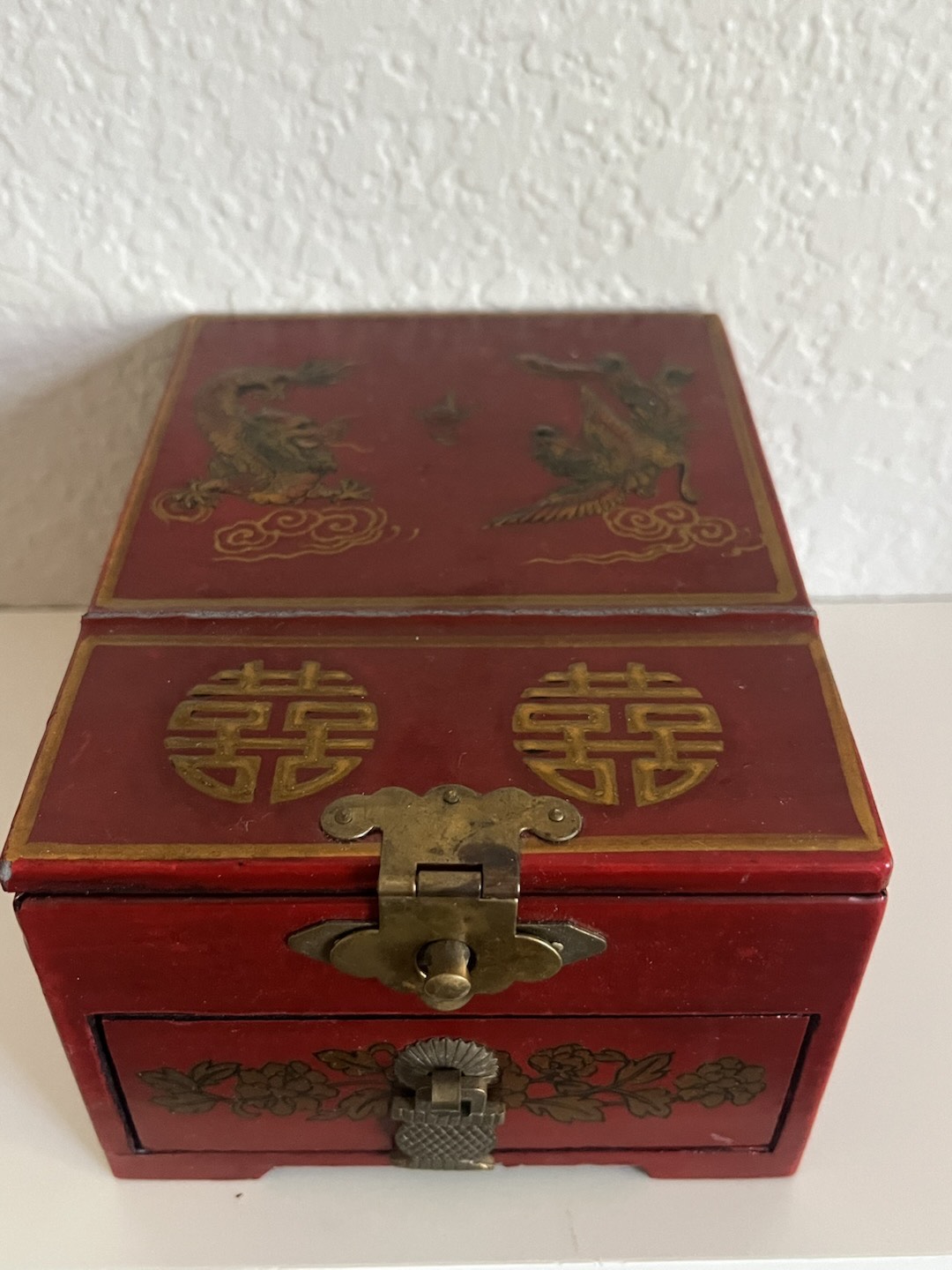 Vintage Chinese Dragon & Phoenix Lacquered Wood Folding Jewelry Box ...