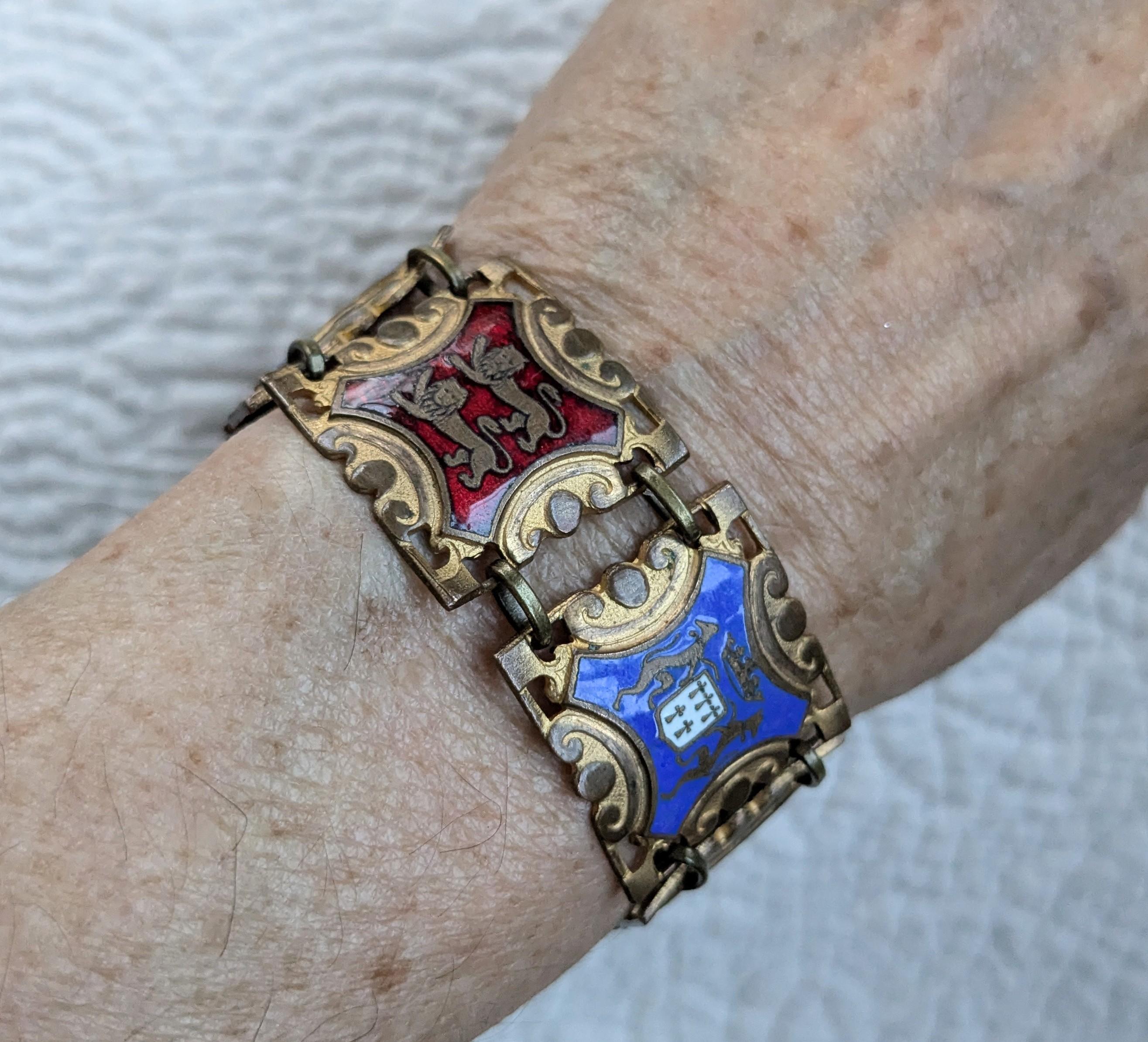 Antique Gold Tone Bracelet with Enamel Shields