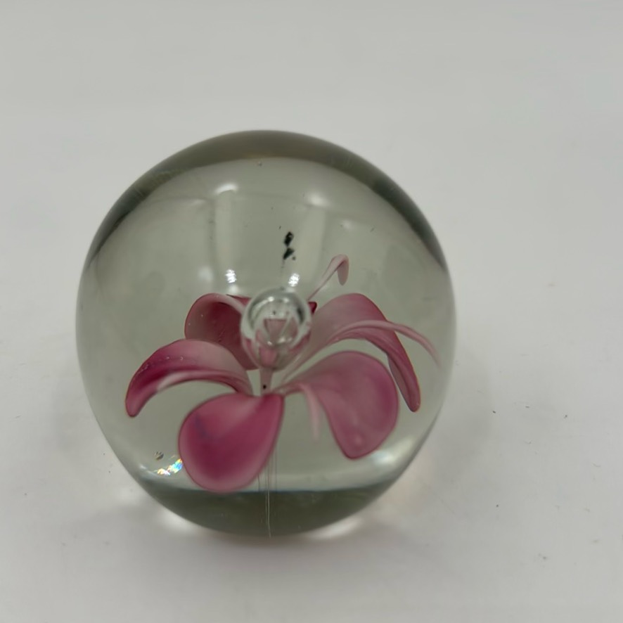 Art Glass Paperweight Pink And Purple Flower With Controlled Bubble