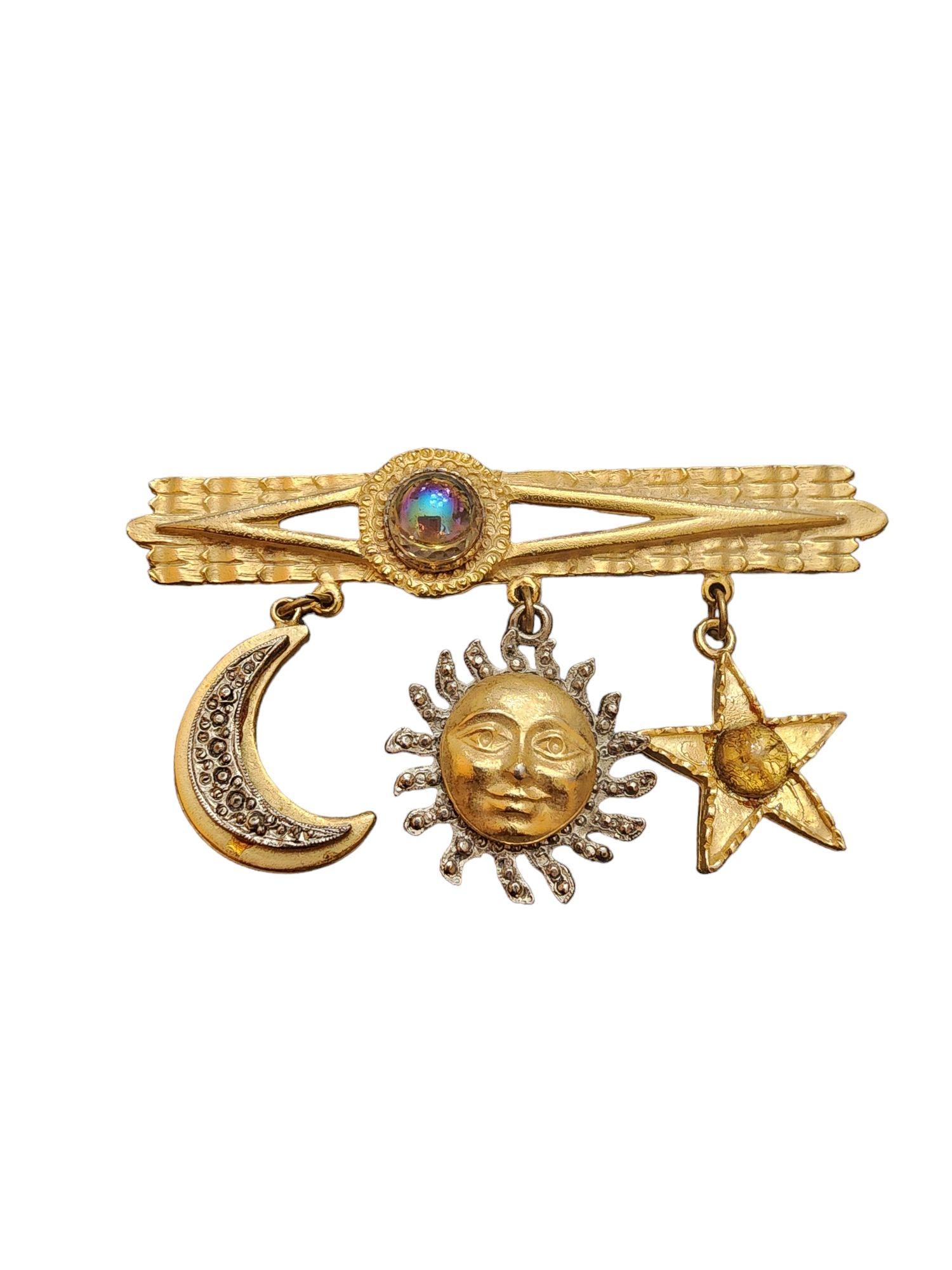 Vintage Signed ULTRA CRAFT Sun Moon And Star Bar Dangling Brooch (A6137)