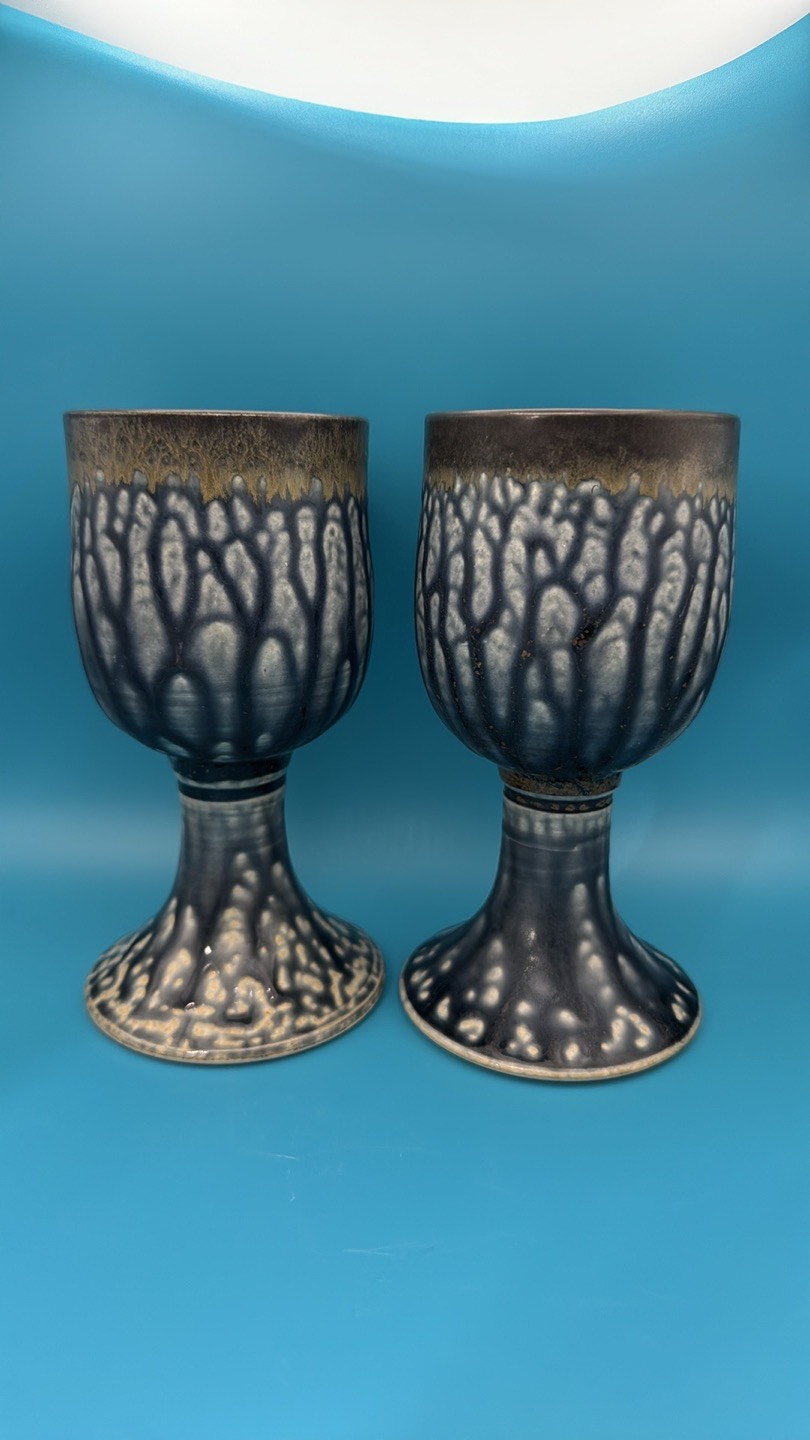 Frank Stofan "Trees" Wood Ash Blue Drip Glazed Pottery goblets 6” tall ...