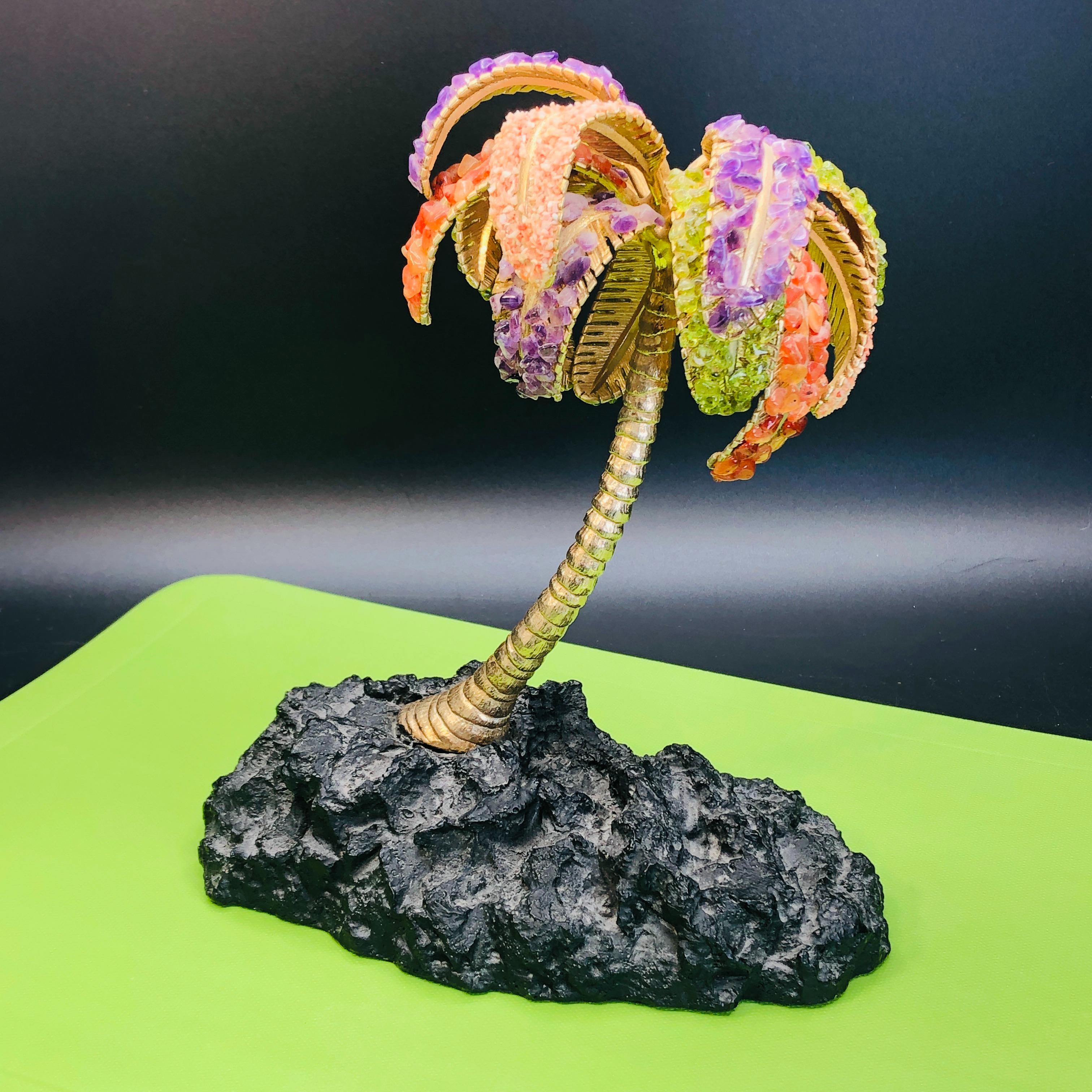 Brass and Stone Palm Tree Sculpture by PELE Hawaii Kitsch Tiki Party