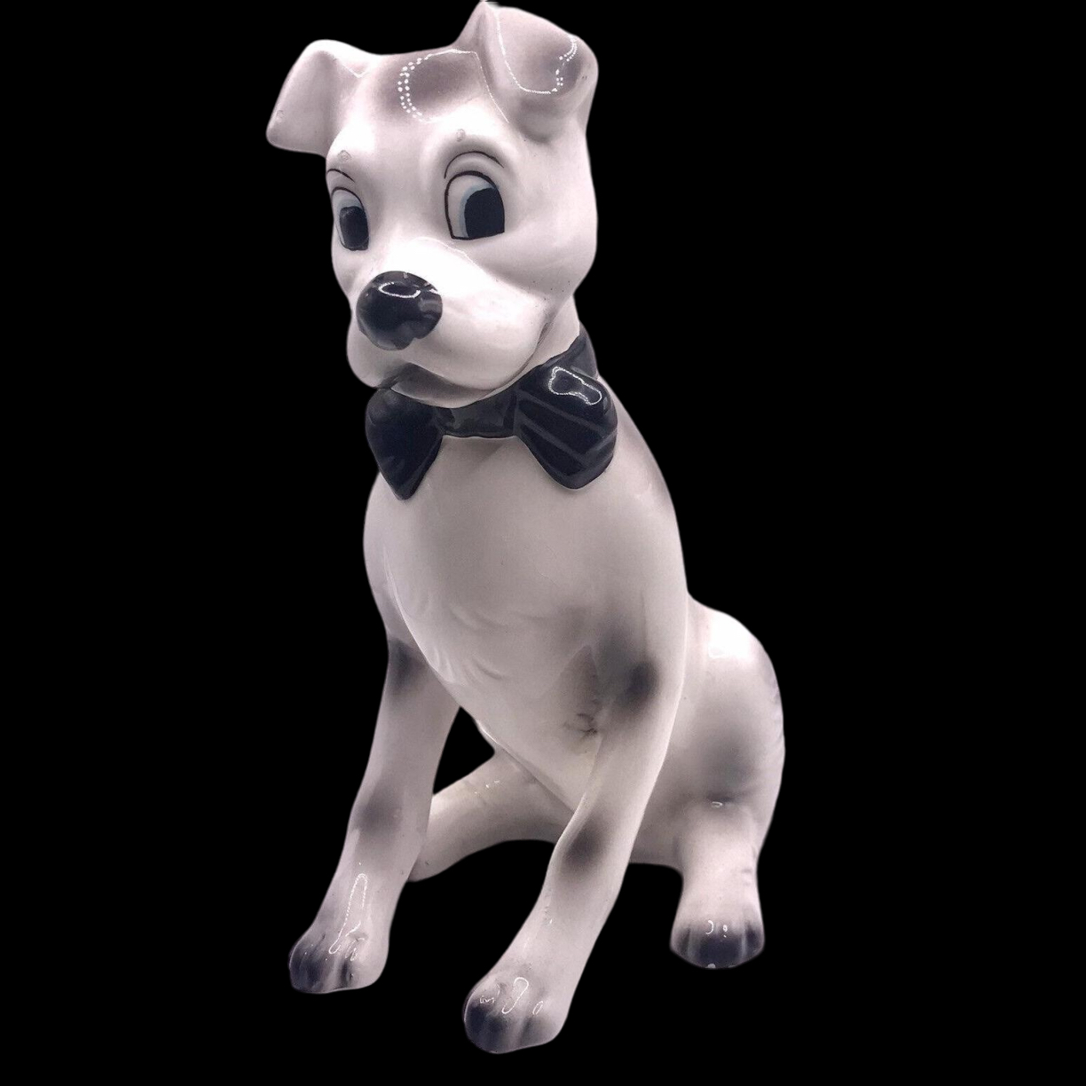 Vintage Playful Ceramic Sitting Dog Figurine Black and White w/ Bowtie ...