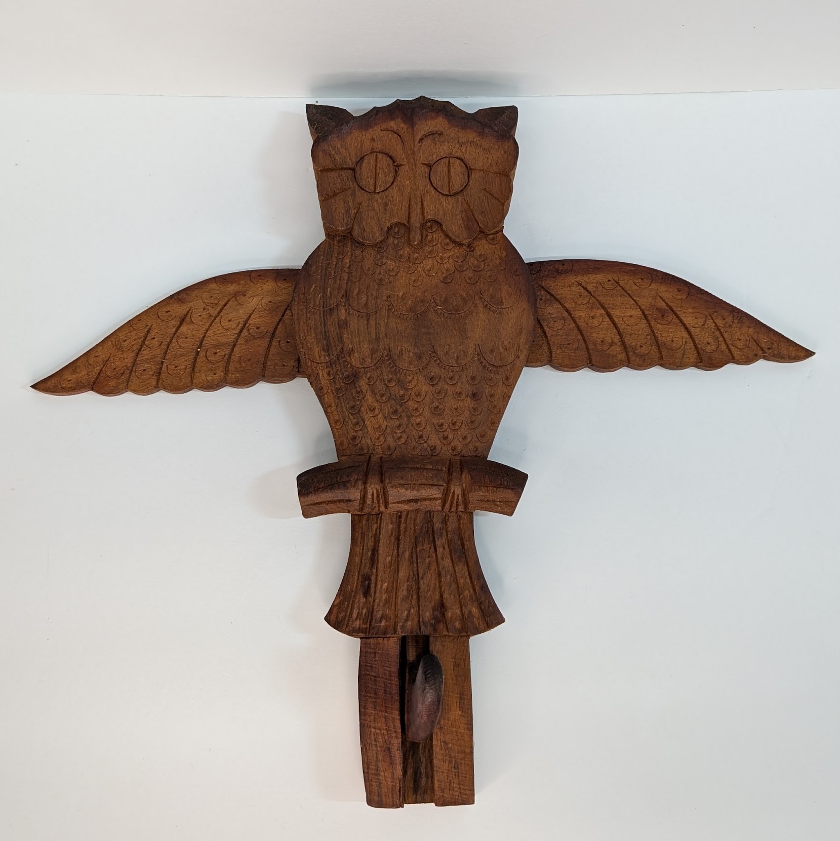 Vintage Hand Carved Wood Owl Hook Hanger with Moving Wings