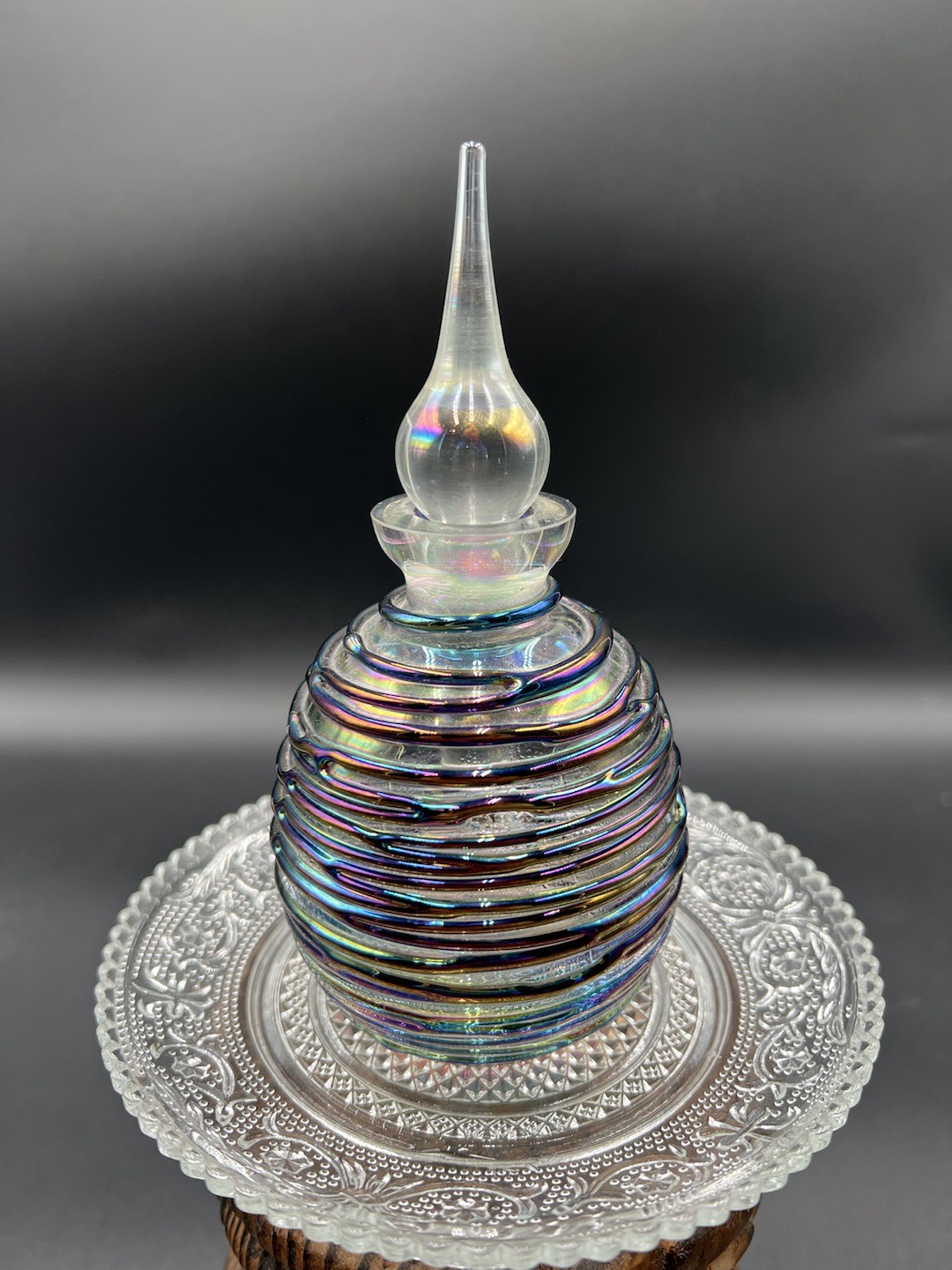 Iridescent Oil Slick Textured Art Glass Perfume Bottle 6”