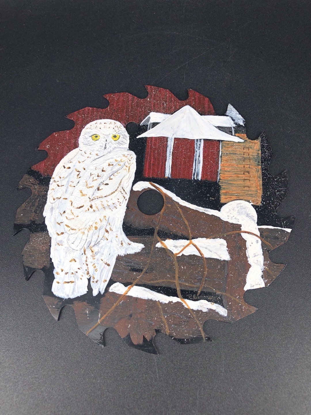 Hand-Painted Barn Owl Folk Art Saw Blade Decoration
