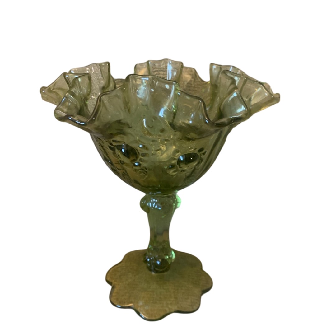 Fenton Colonial Green Cabbage Rose Compote 6 X 6 3/8 Inches