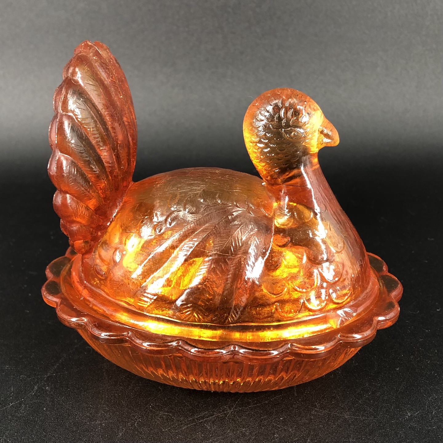 Vintage Amber Glass Turkey on Nest Trinket Dish