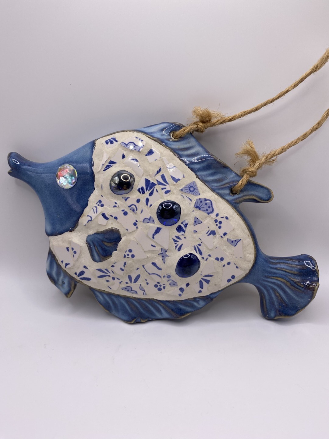 Blue Ceramic Fish Wall Plaque With Mosaic Tile Design
