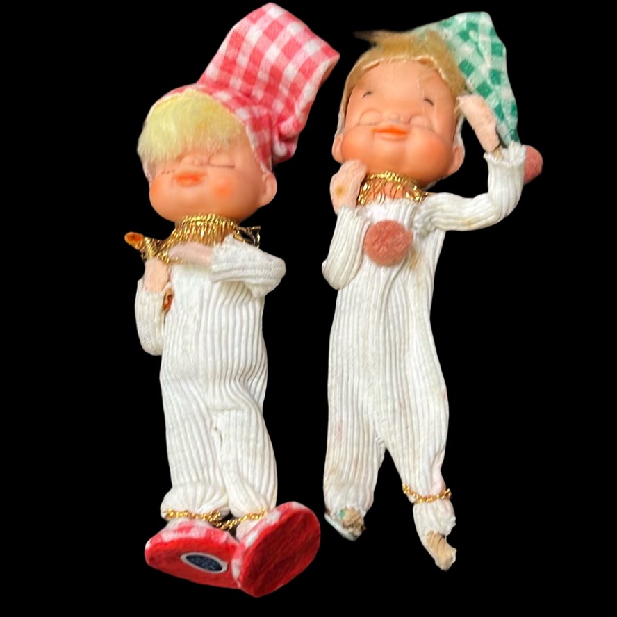 17. Set Of 2 Vintage Japan Pixie Boys in Pajamas Checkered Hat Chenille ...