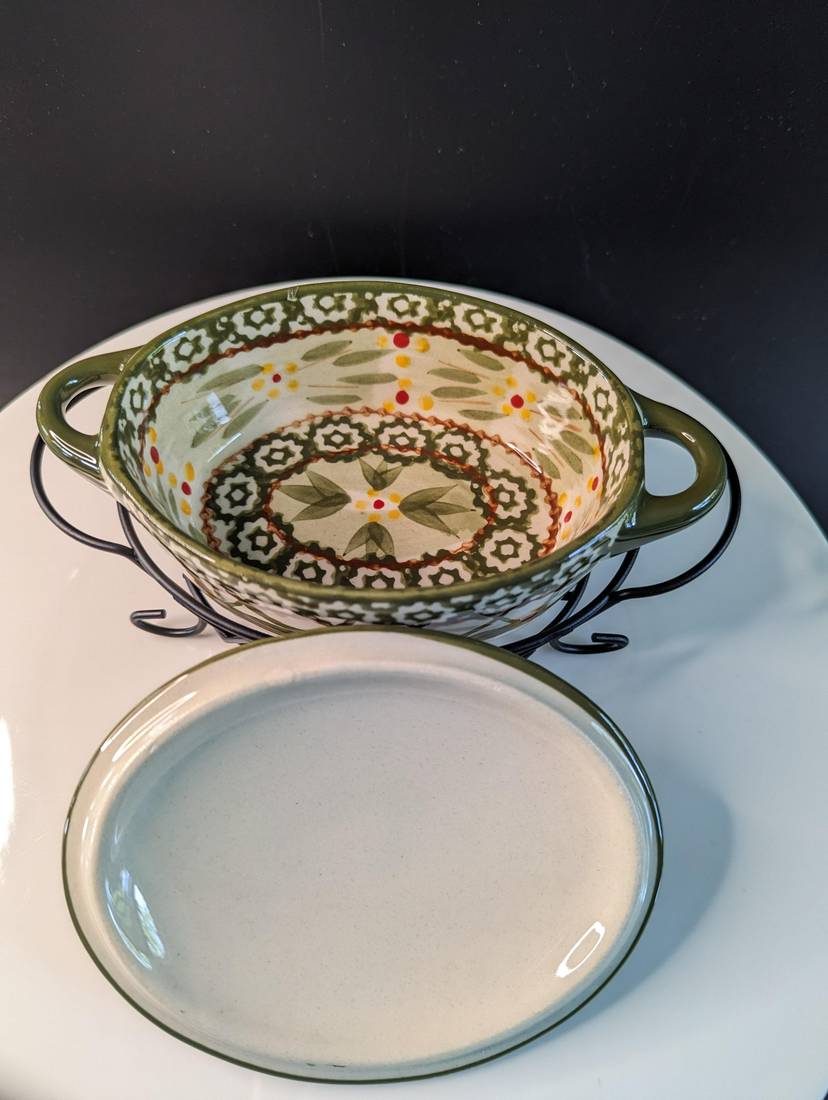 Vintage Temptations Hand-Painted Ceramic Casserole Dish with Lid and Stand