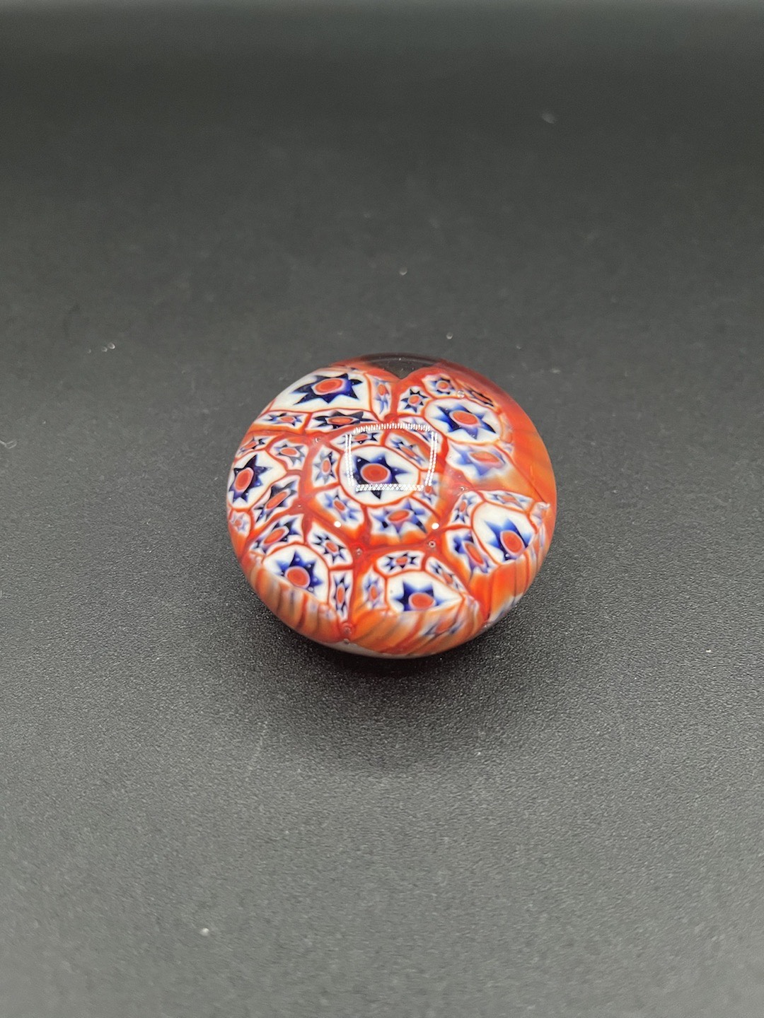 #27 Small Red & Blue Sun Millefiori Art Glass Paperweight 1.5”🌞