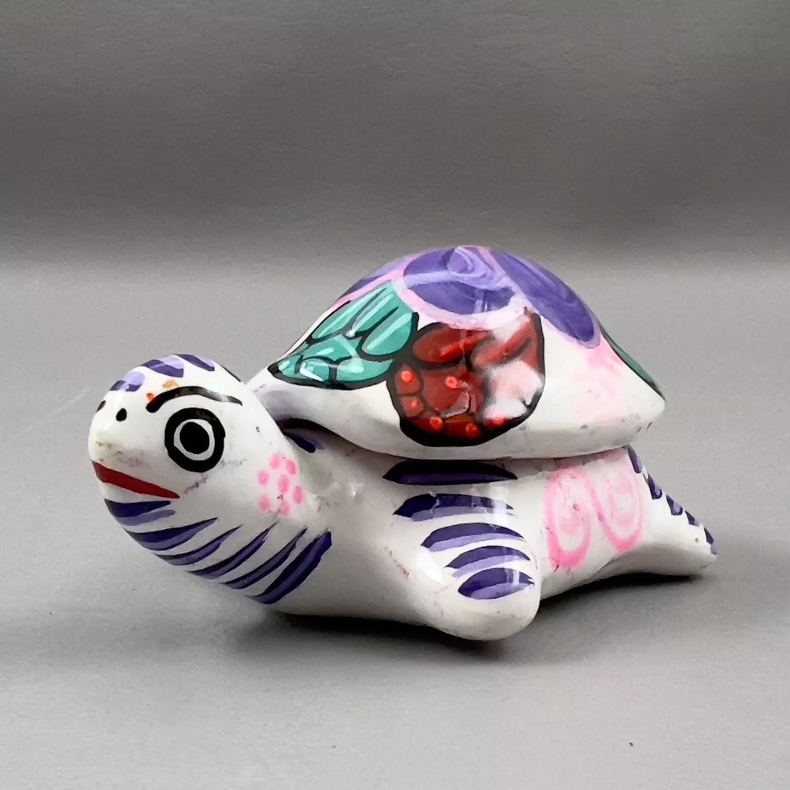007 Mexican Folk Art Pottery Turtle Trinket Box 3"X1.5" White Floral ...