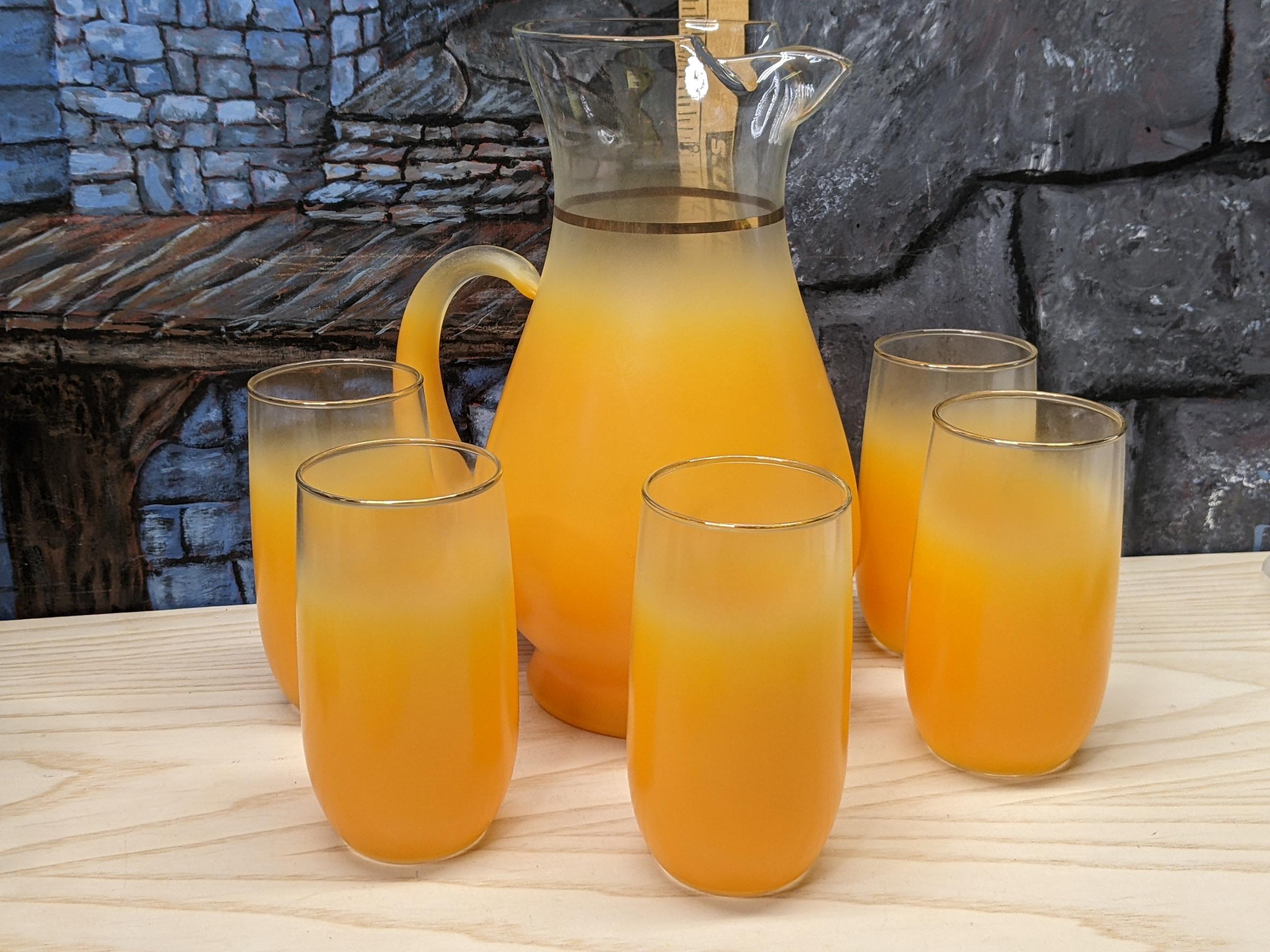 Orange Blendo Glass Pitcher 5 Drinking Glasses Gold Trim Frosty West ...