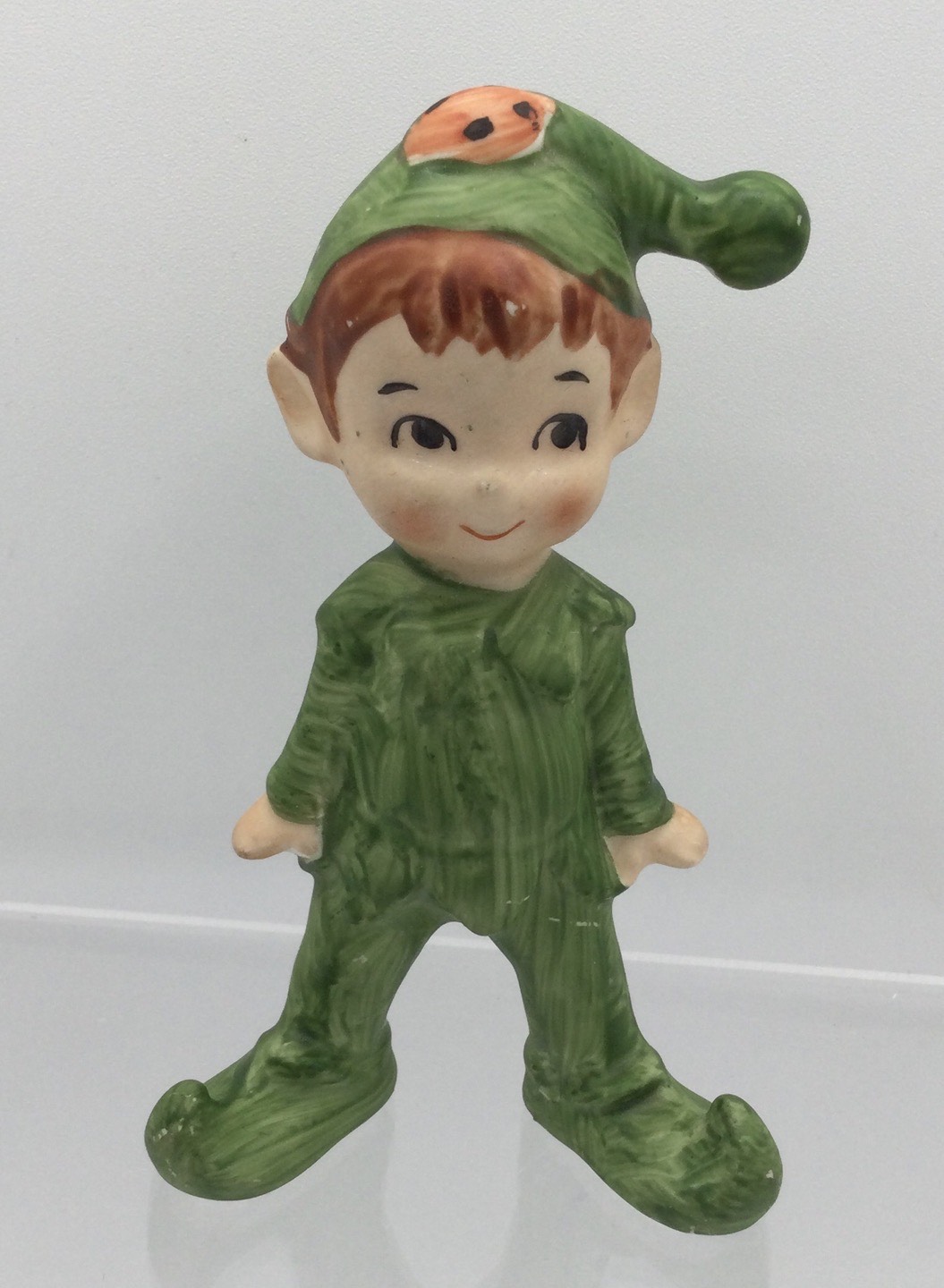 Vintage Lefton Pixie Elf 4” Ceramic Figurine Green w/ Ladybug Japan