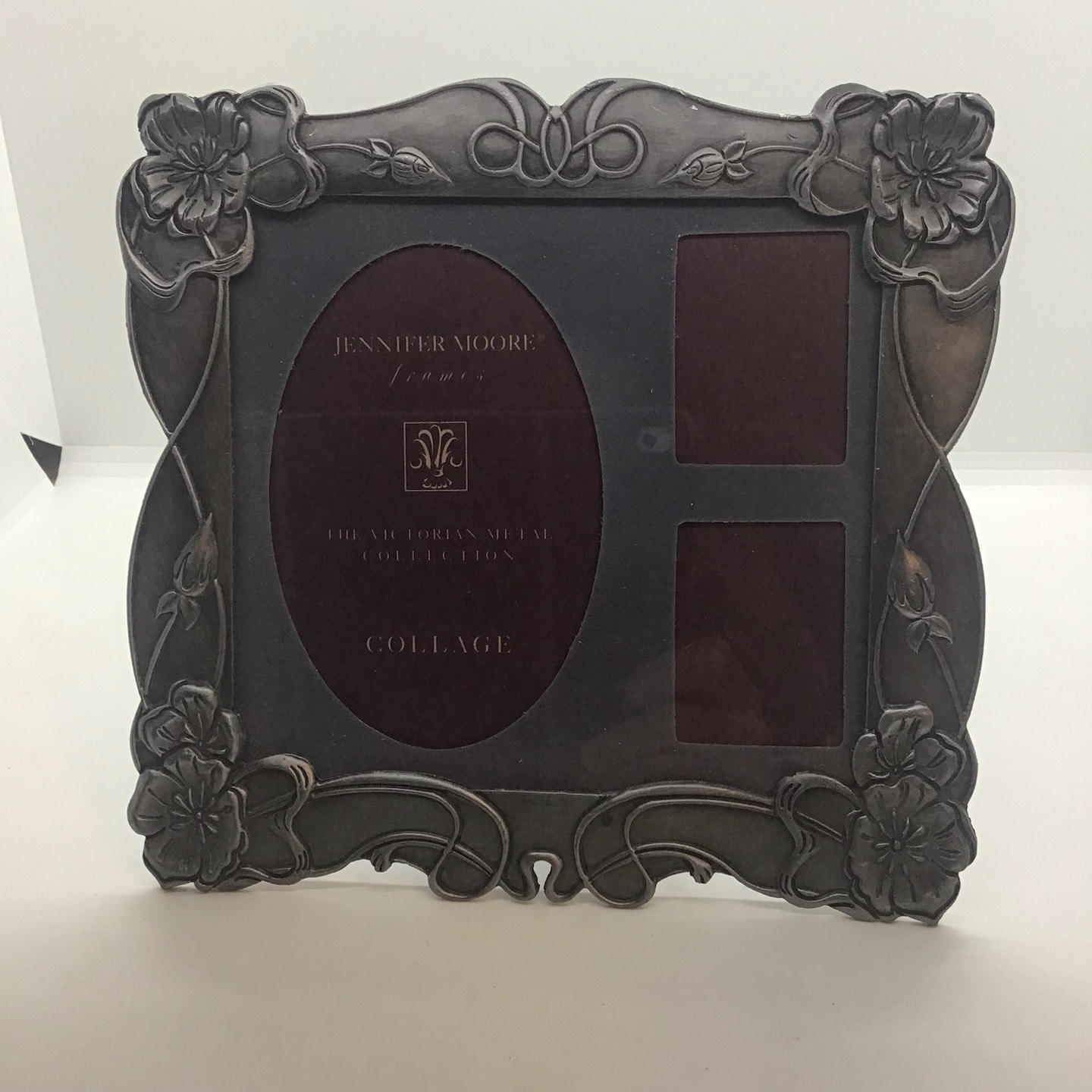 Jennifer Moore 3-Photo Collage Picture Frame Silver Grey Pewter Flowers ...