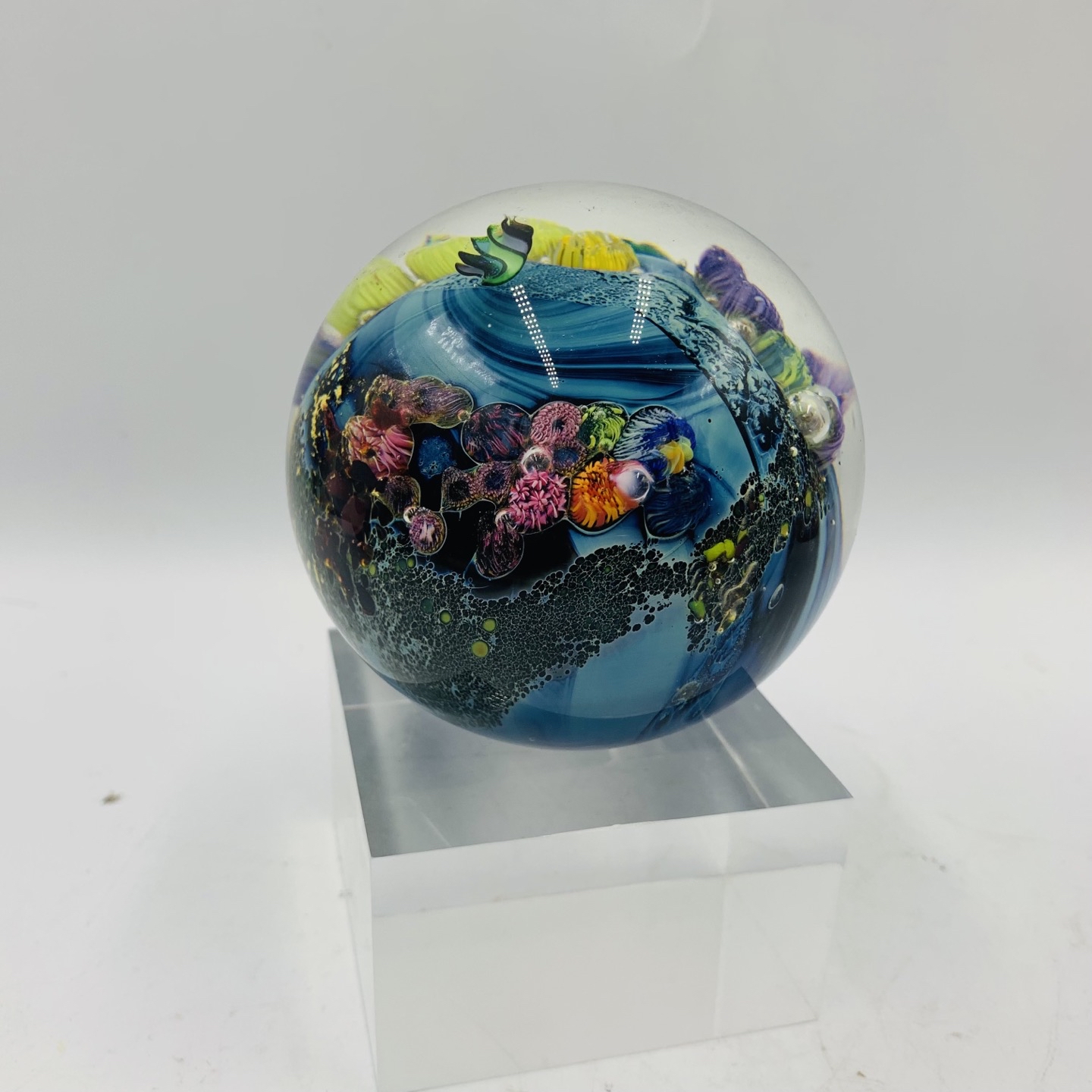 Josh Simpson Aquatic Paperweight Glass Marble 3” With Lucite Stand
