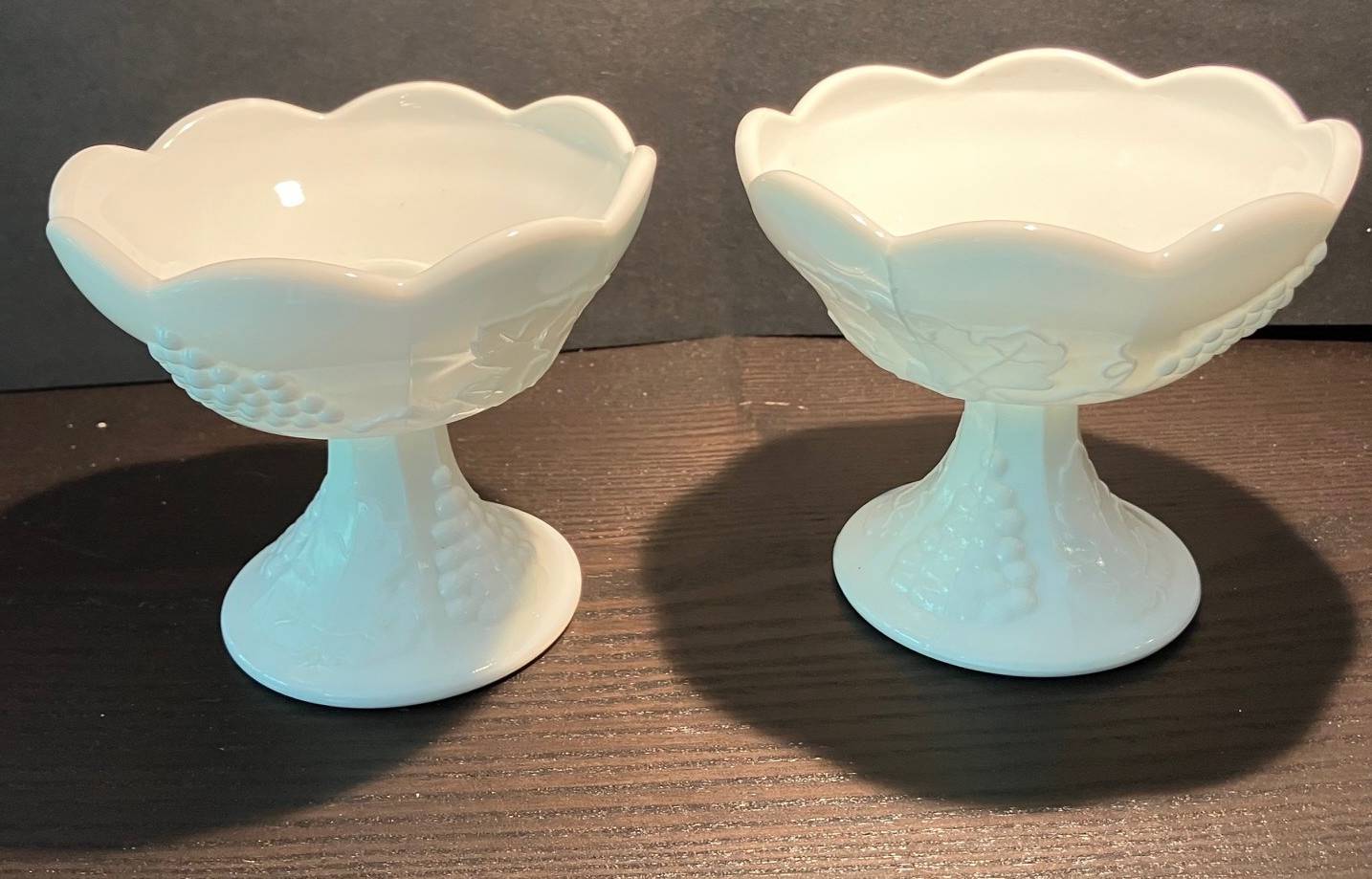 2 VTG Indiana Glass Paneled Grape Pedestal Taper Holder with Scalloped Rim