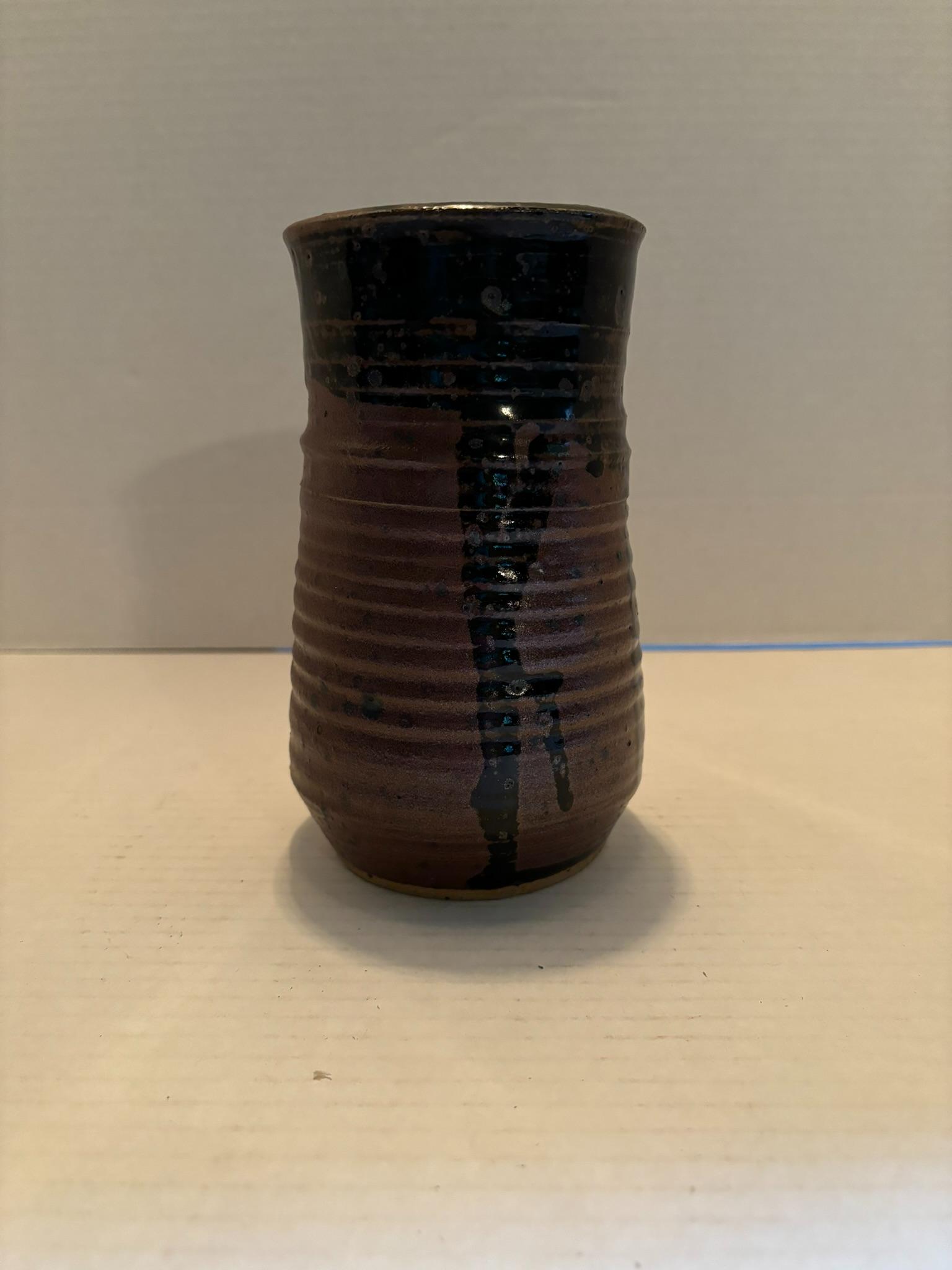 Vintage Pottery Vase Brown with Black Drip Glaze Accents Signed ...