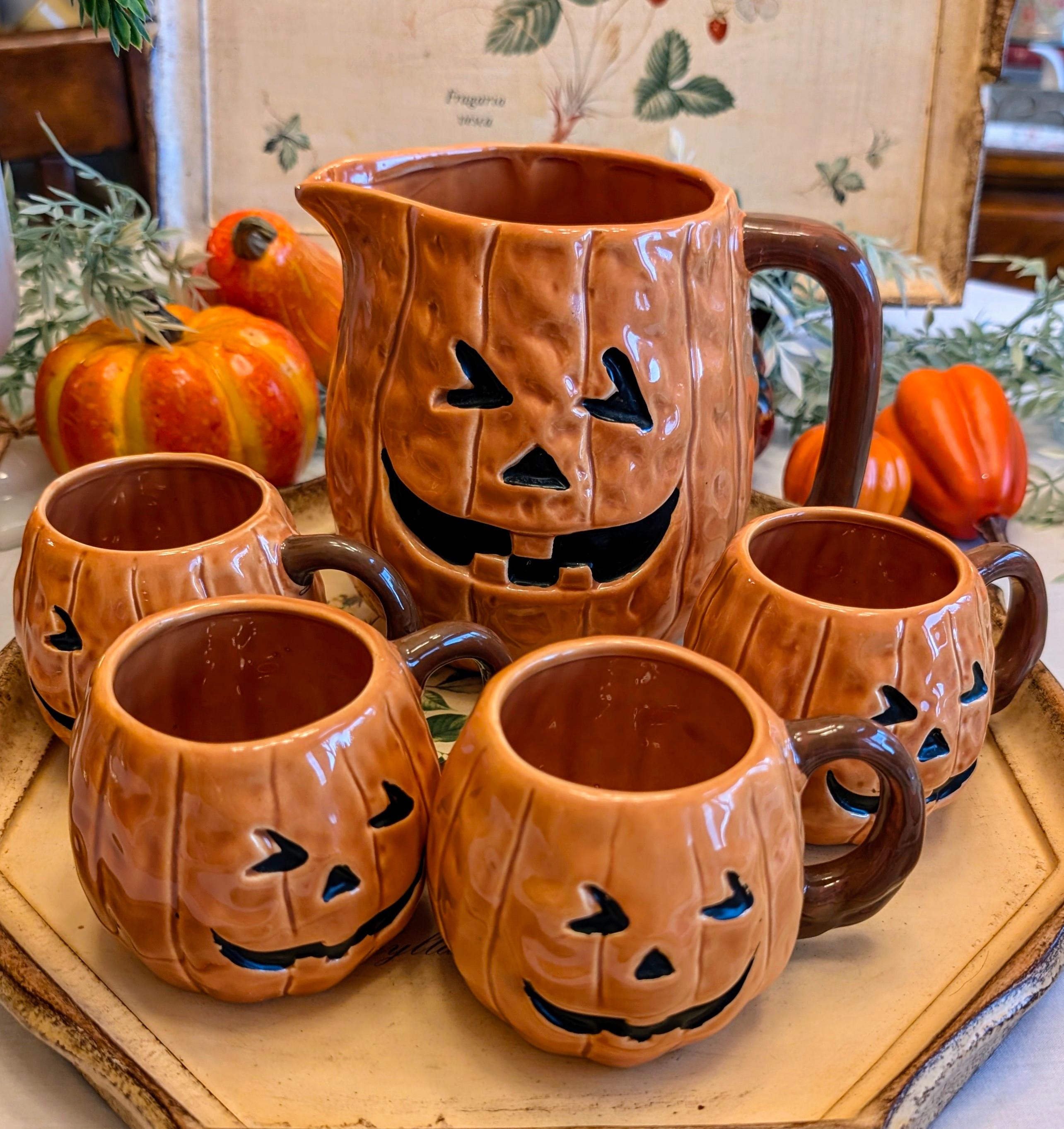 Brinn's Ceramic Halloween Jolly Jack O Lantern Beverage Pitcher 4 Mugs ...