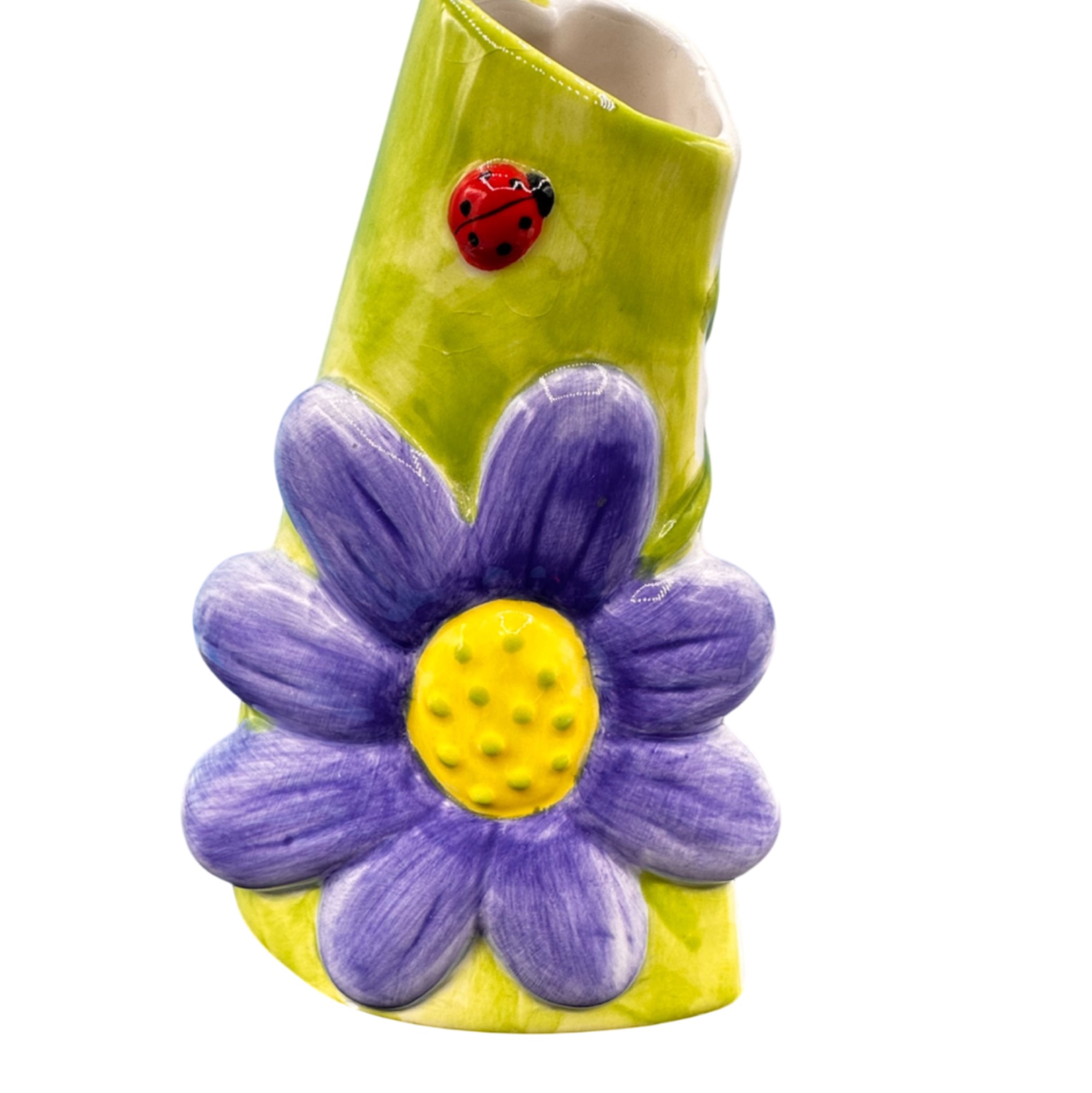 Teleflora ceramic vase featuring a purple flower and ladybug
