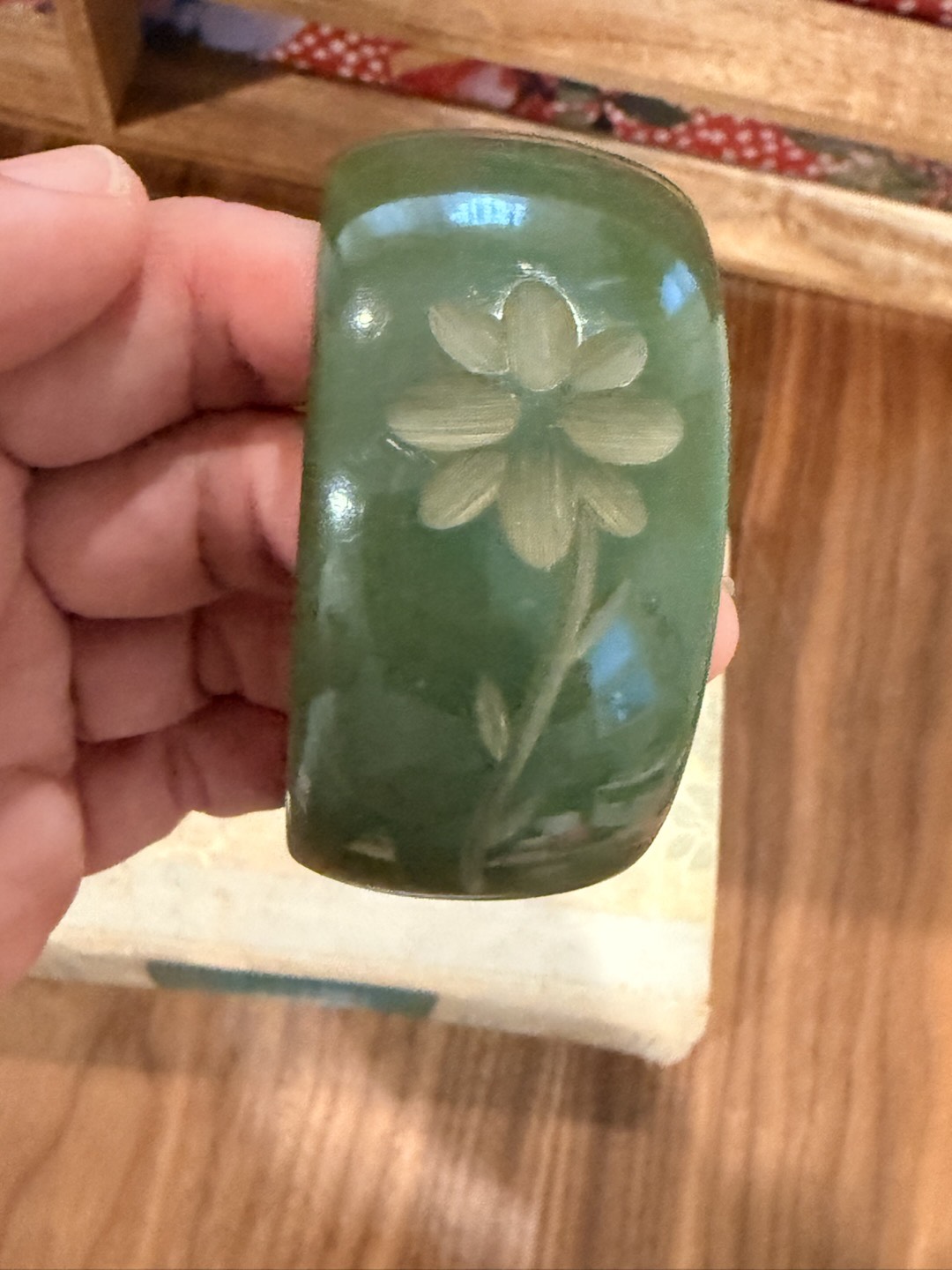 Green Bakelite Bangle With Carved Flower