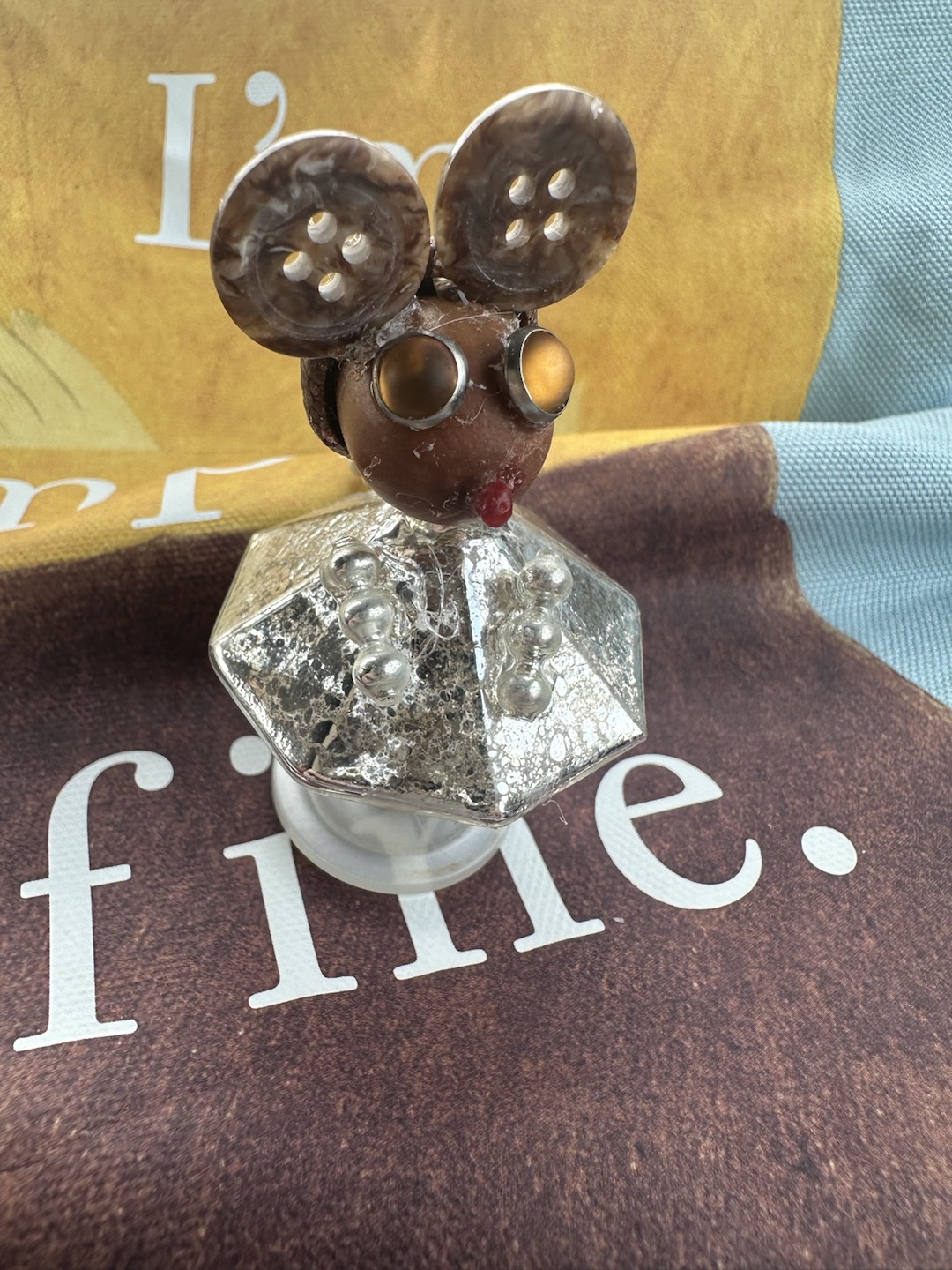 Bottom Mouse- Mercury Glass- Vintage Buttons Nut