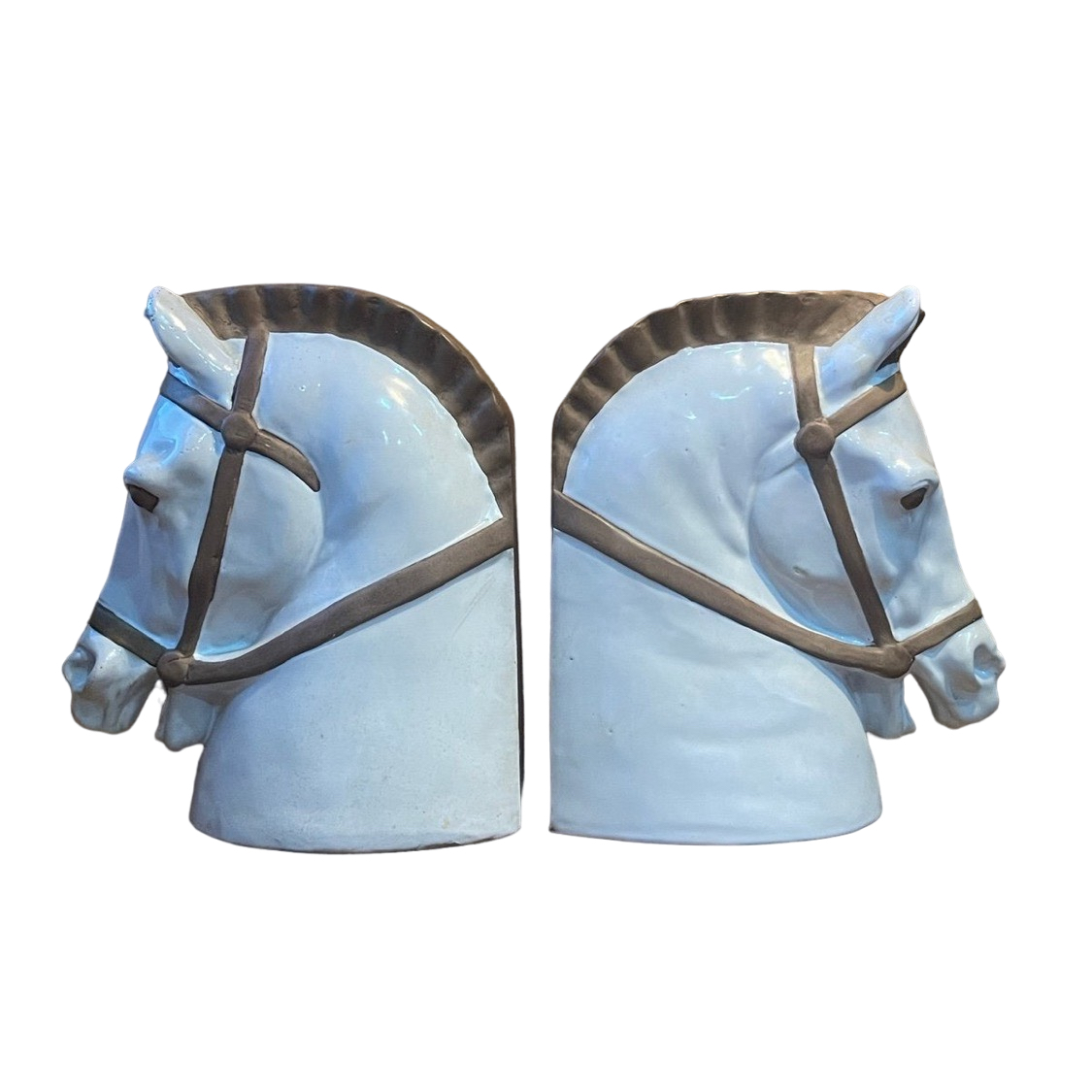 Ugo Zaccagnini Horse Head Bookends Pair of Ceramic Trojan