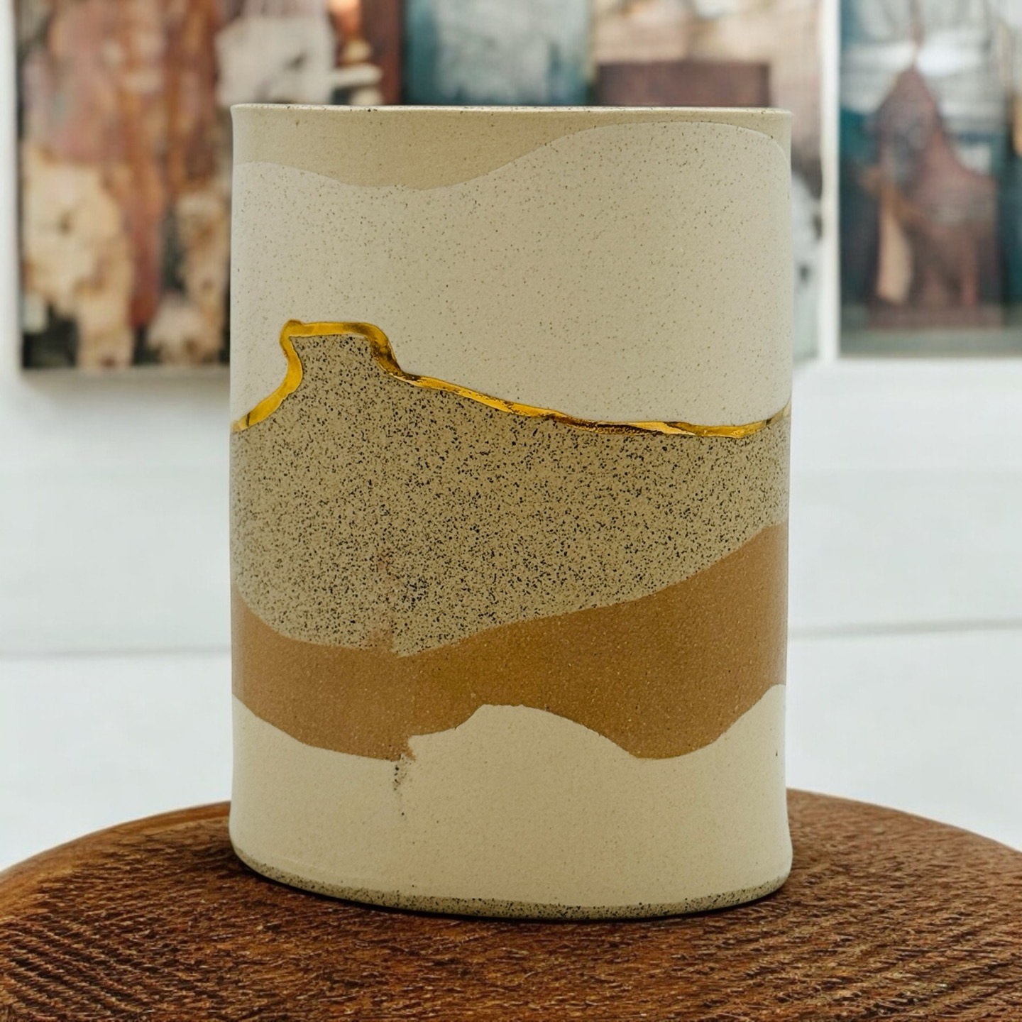 Handmade Pottery Vase 6.75” Oval Gabrielle Silverlight Beige Gold ...