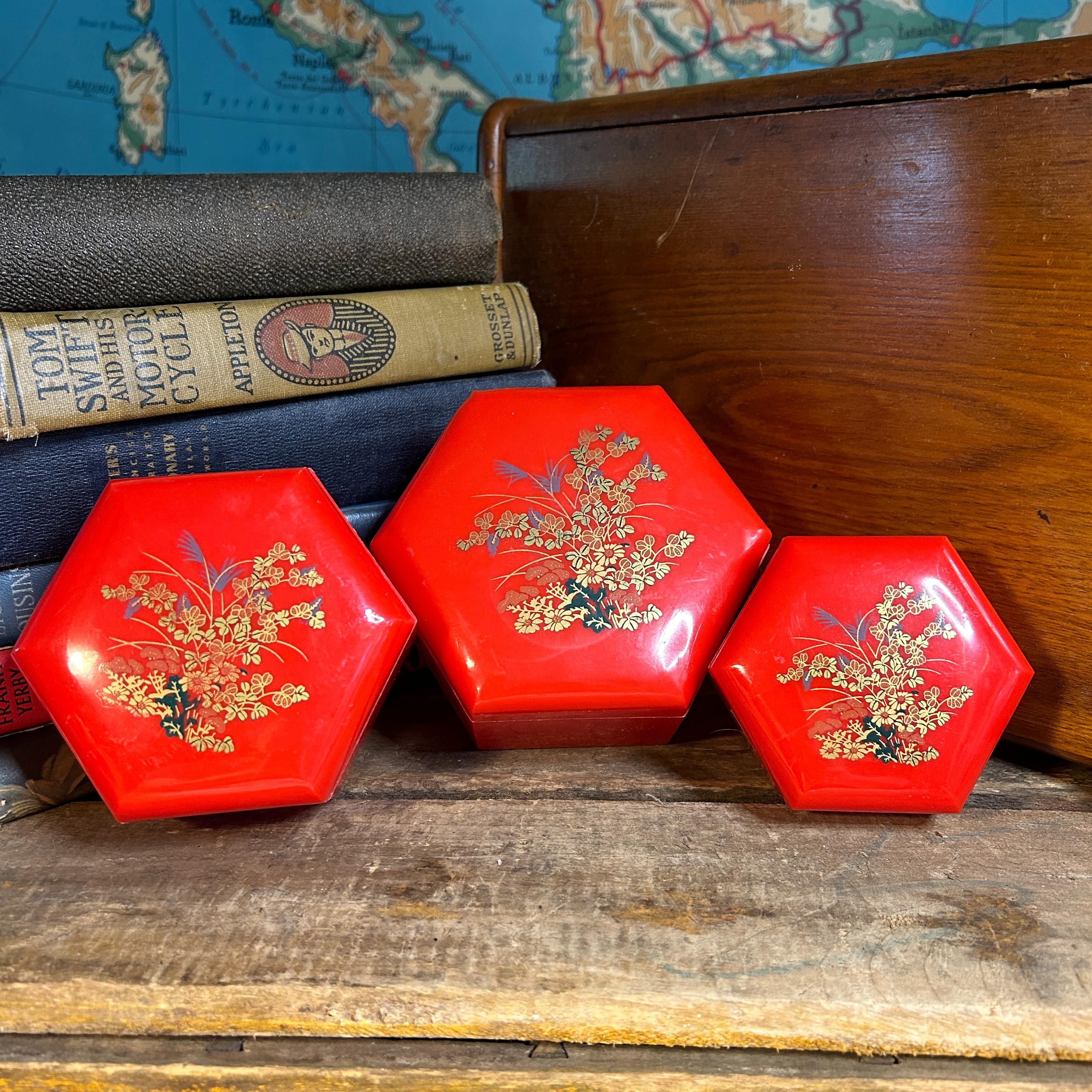 Vintage Chinese HEXAGON Nesting Boxes 3 Pc Red Floral Plastic 1960's ...