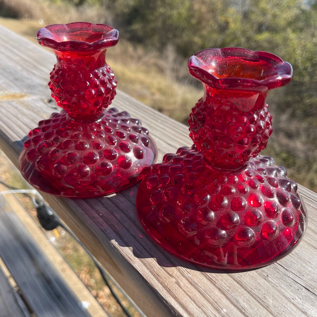 Fenton Hobnail Candlestick Holders - Pair