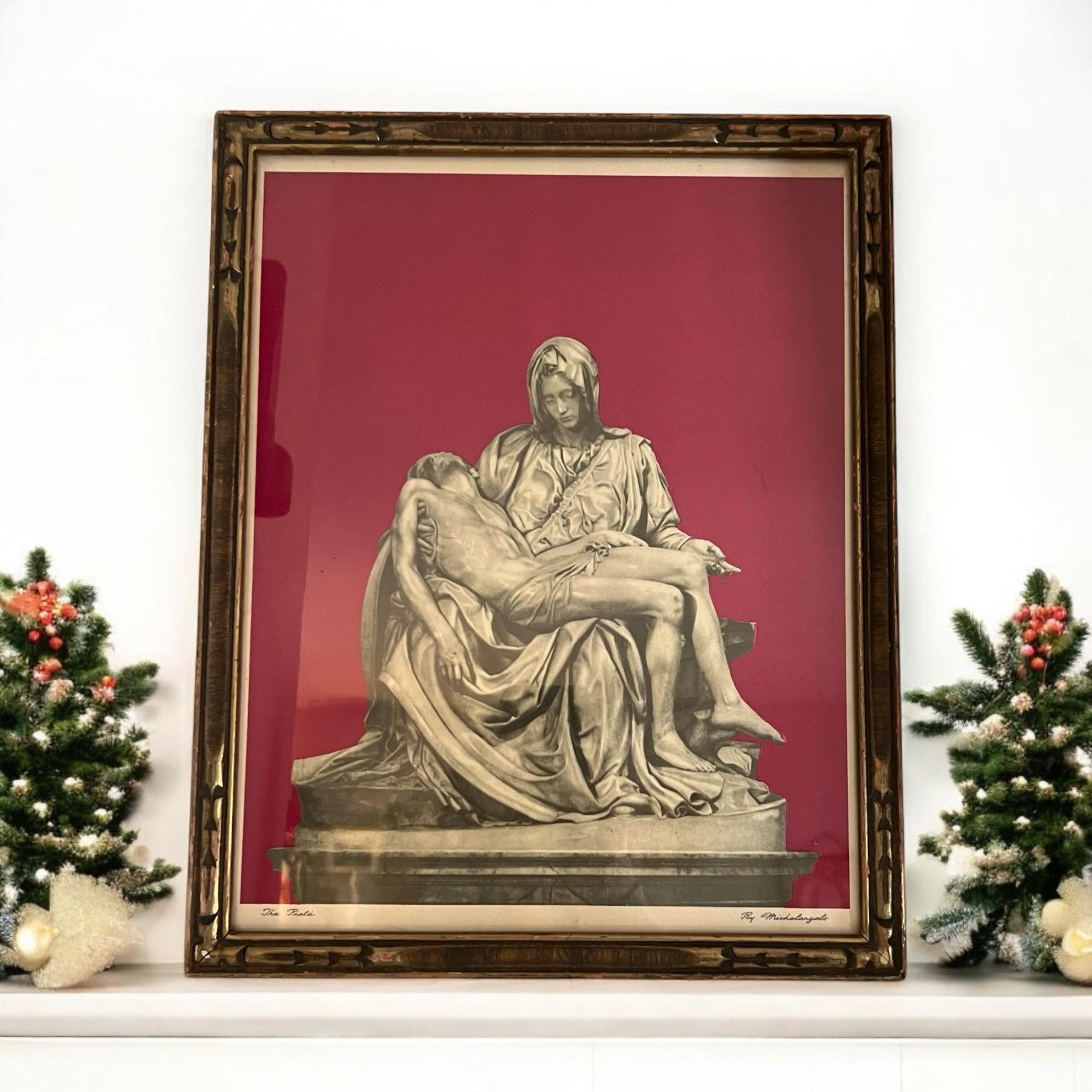 THE PIETA- by Michelangelo. Framed Vintage Religious Image. Red Silk in ...