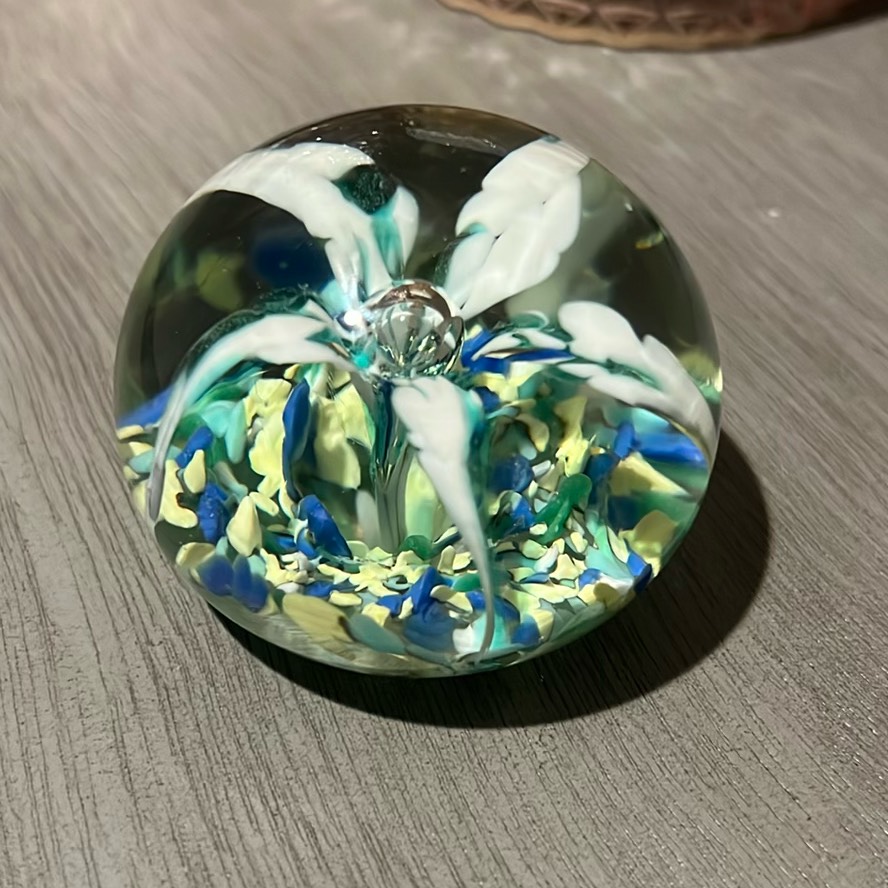Vintage Big Pine Key (BPK) Green & Blue Floral Glass Paperweight, Art ...