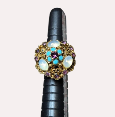 Vintage Large Florenza statement Ring Moonstone, Purple Turquoise Stones