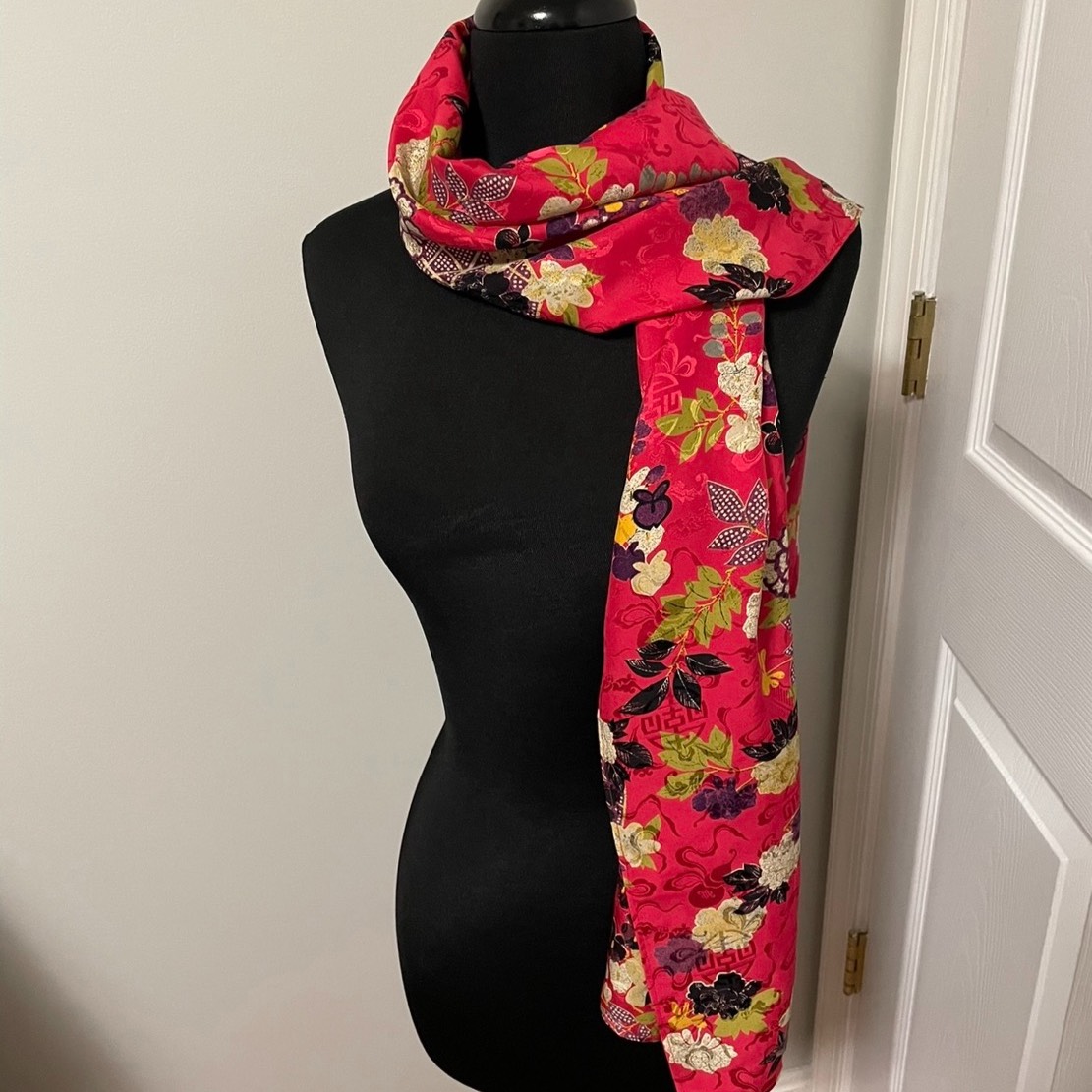 Chico’s, 100% Silk Scarf, Asian Design with Florals/Foliage, 13” x 58”