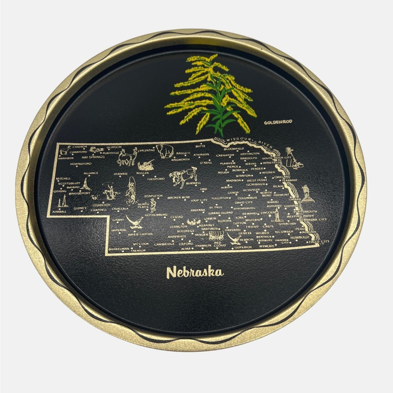 Vintage Nebraska Souvenir Metal Tray State Map Flower Goldenrod Black ...