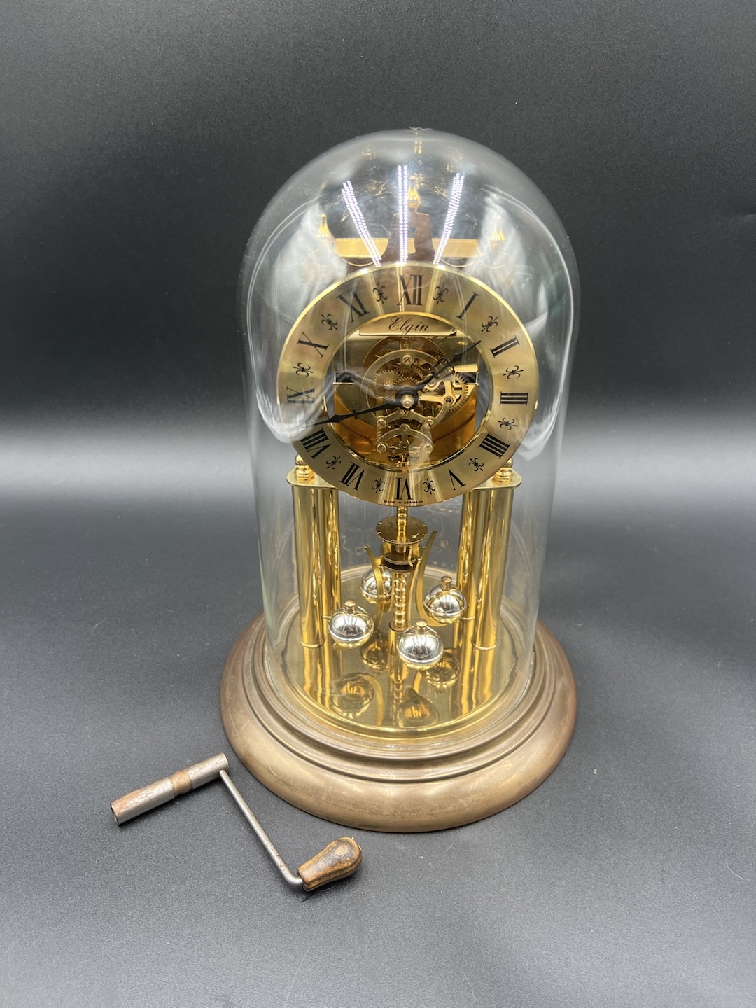S. Haller Elgin 400 Day “German Time Bomb” Clock Glass Dome 11.5”