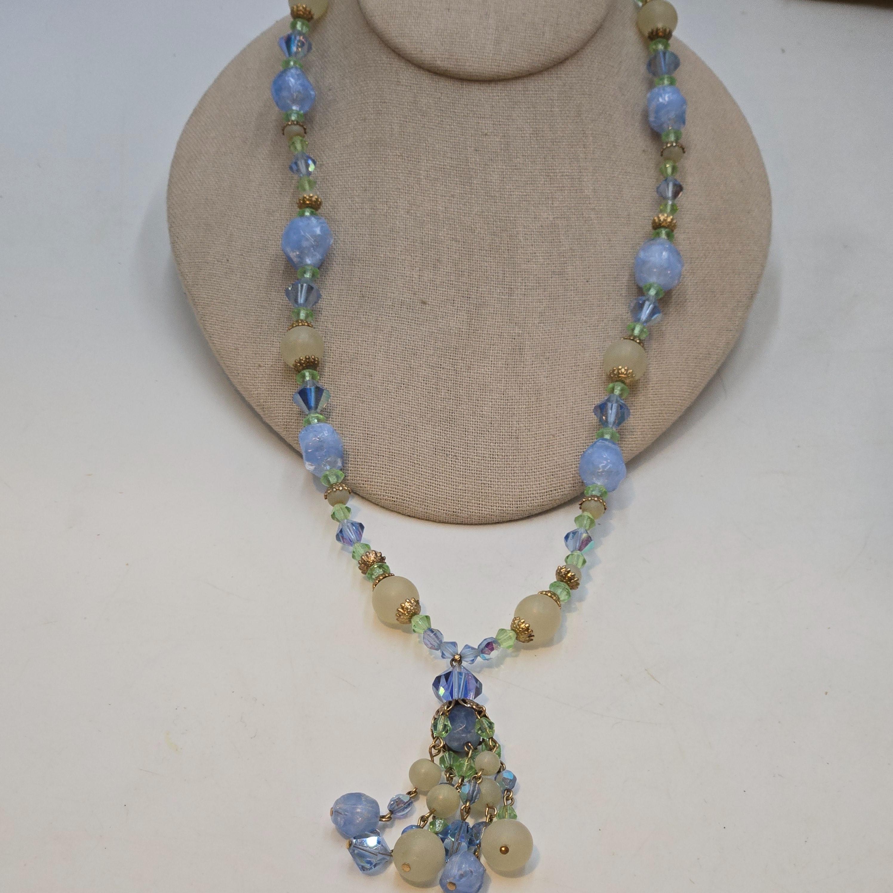 Vintage 60s Mod Tassel Necklace Green Blue Moulded Lucite And Glass 24 ...