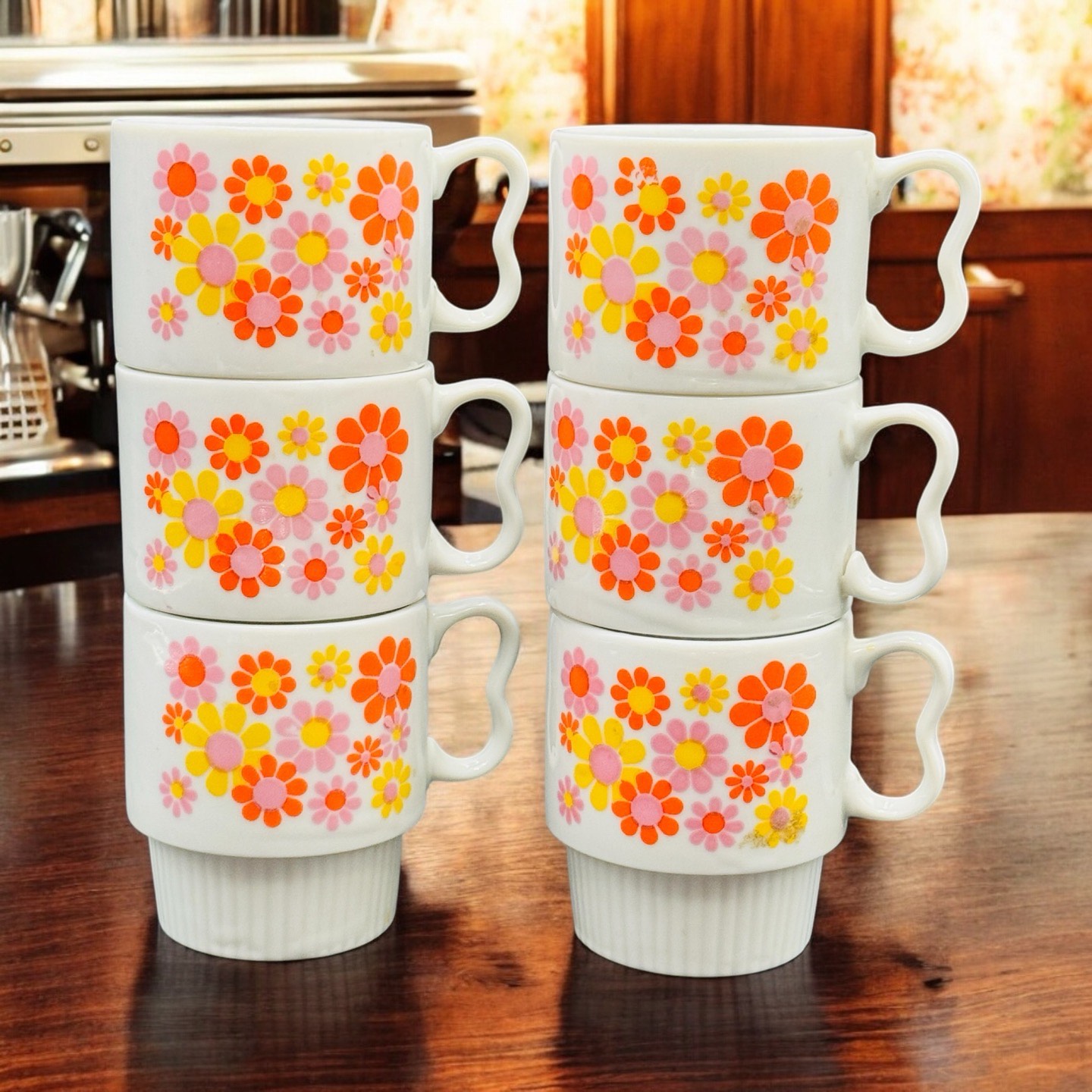 Stackable Coffee Cups Groovy Mod Daisy Flower Orange Yellow Purple Vtg ...