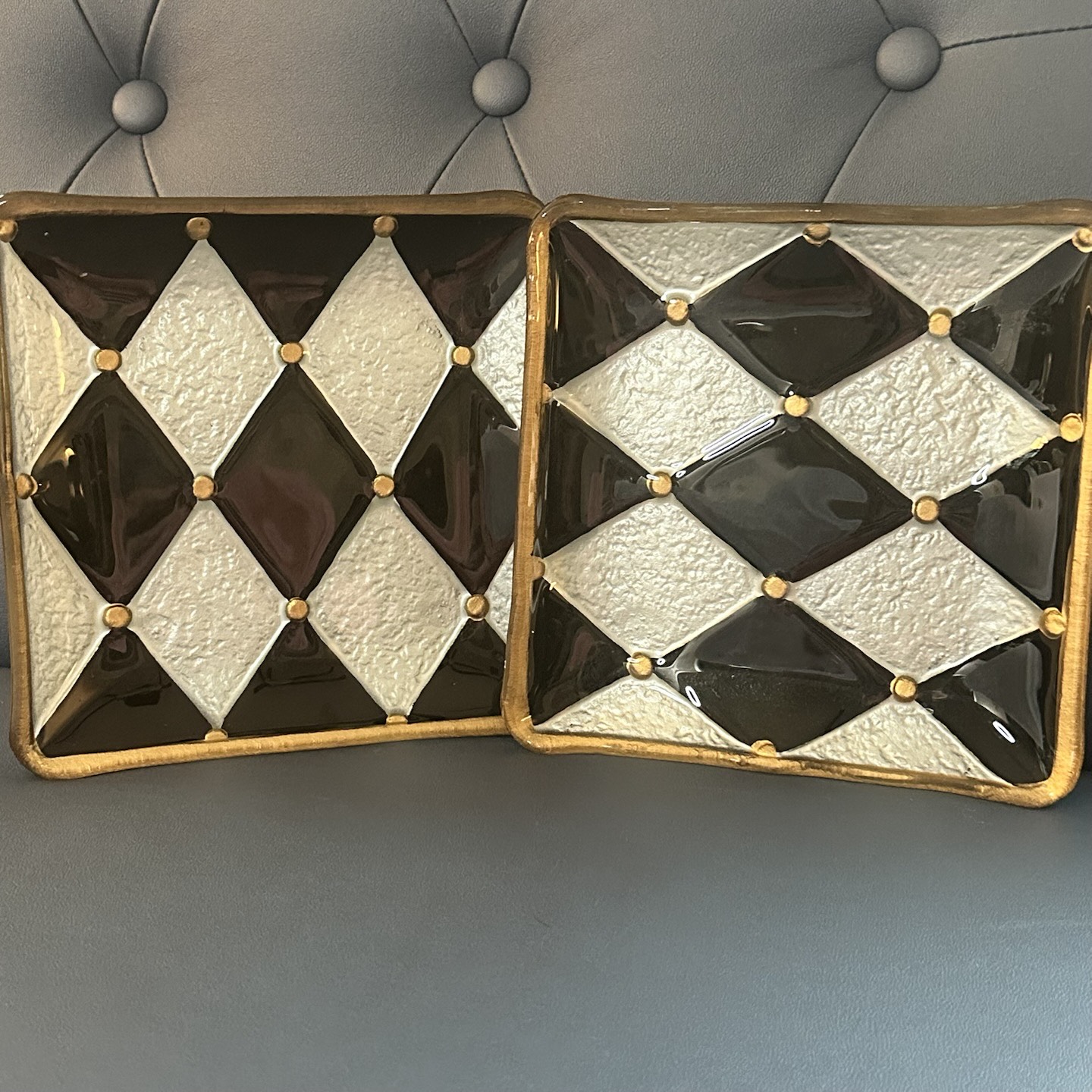 #692 Fused Art Glass, 8”, Square Glass Plates, Hand Painted, Unsigned