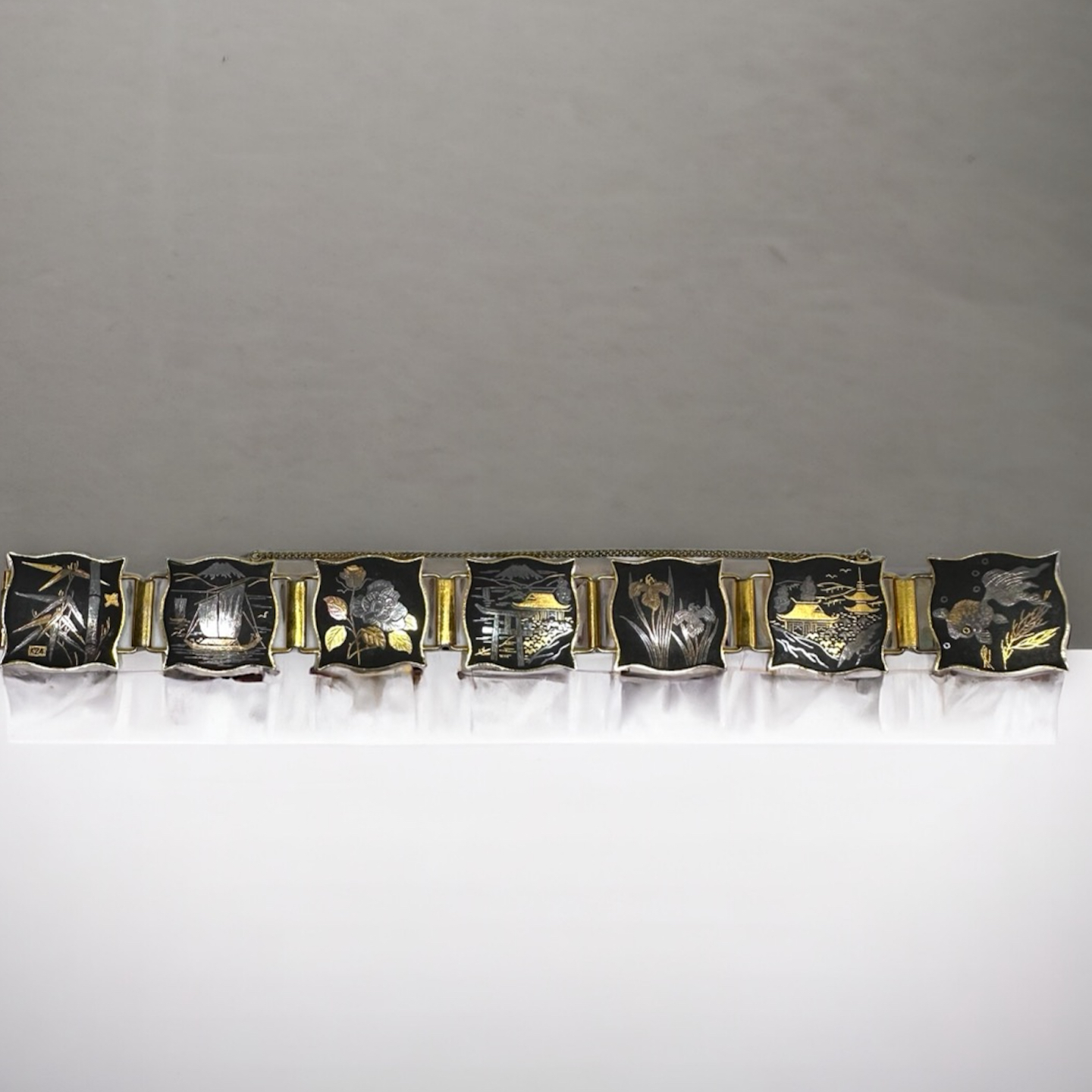 006. Vintage Japan Damascene Scenic Panel Bracelet Silver Inlay Ornate ...