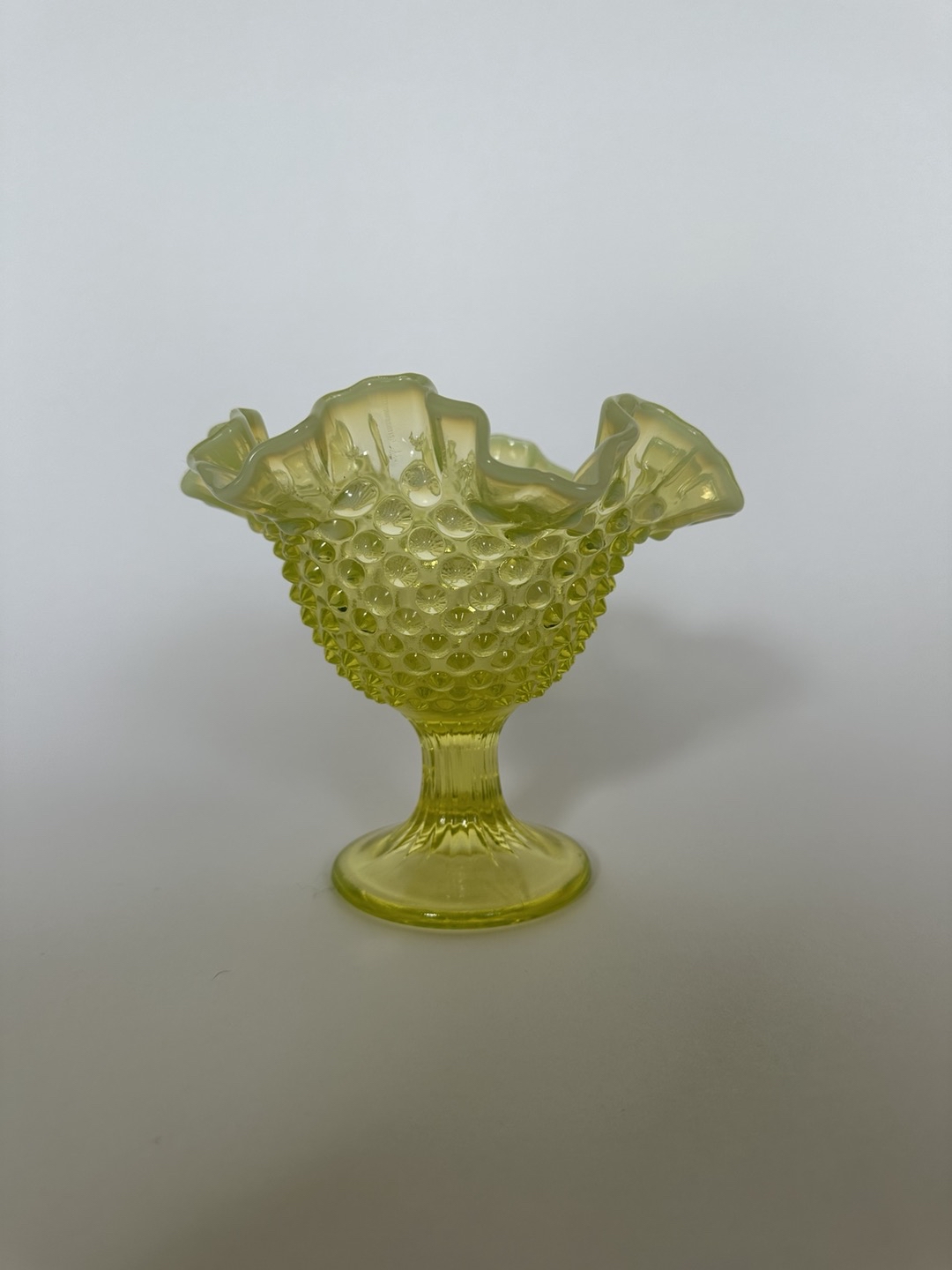 Fenton Vaseline Opalescent Candy Pedestal Ruffle Dish