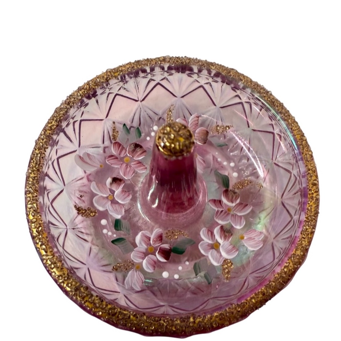 Fenton Ring Holder Pink Carnival Glass Hand Painted FlowersW/Gold Frit ...