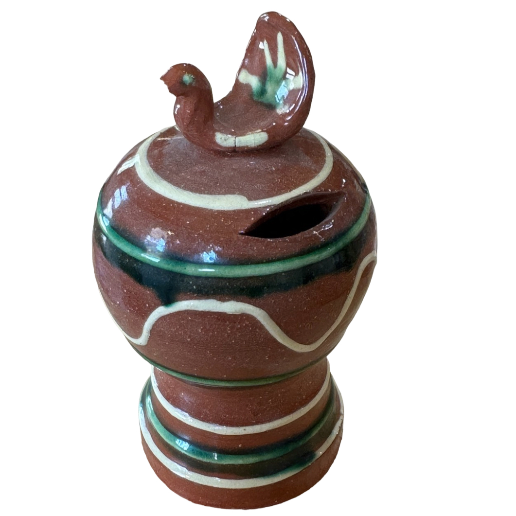 VINTAGE LONG Family REDWARE ART POTTERY COIN BANK WITH BIRD SIGNED 1985
