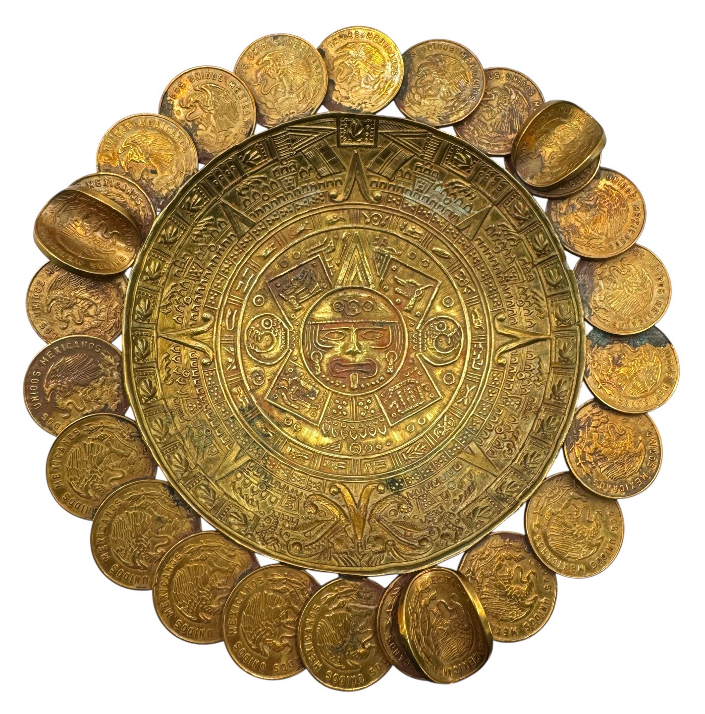 Vintage Mexican Brass Coin Ashtray 1970’s Aztec Mayan Calendar 5.25”