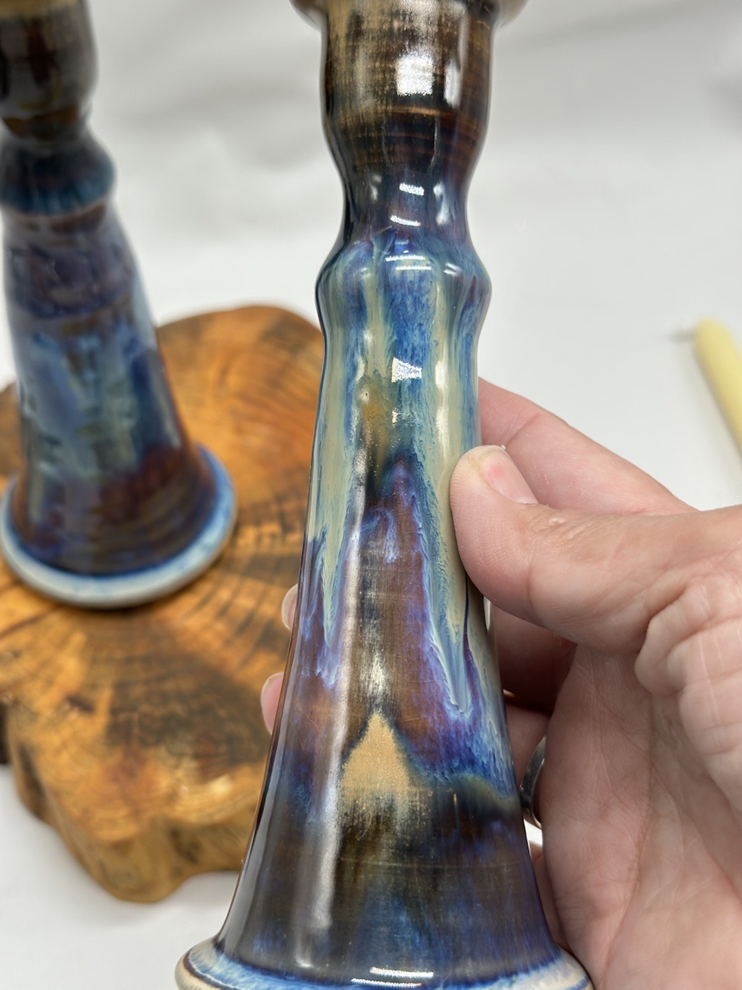 SALE Greg Olson Art Pottery Candlestick Holders Amazing Drip Glaze Pair ...